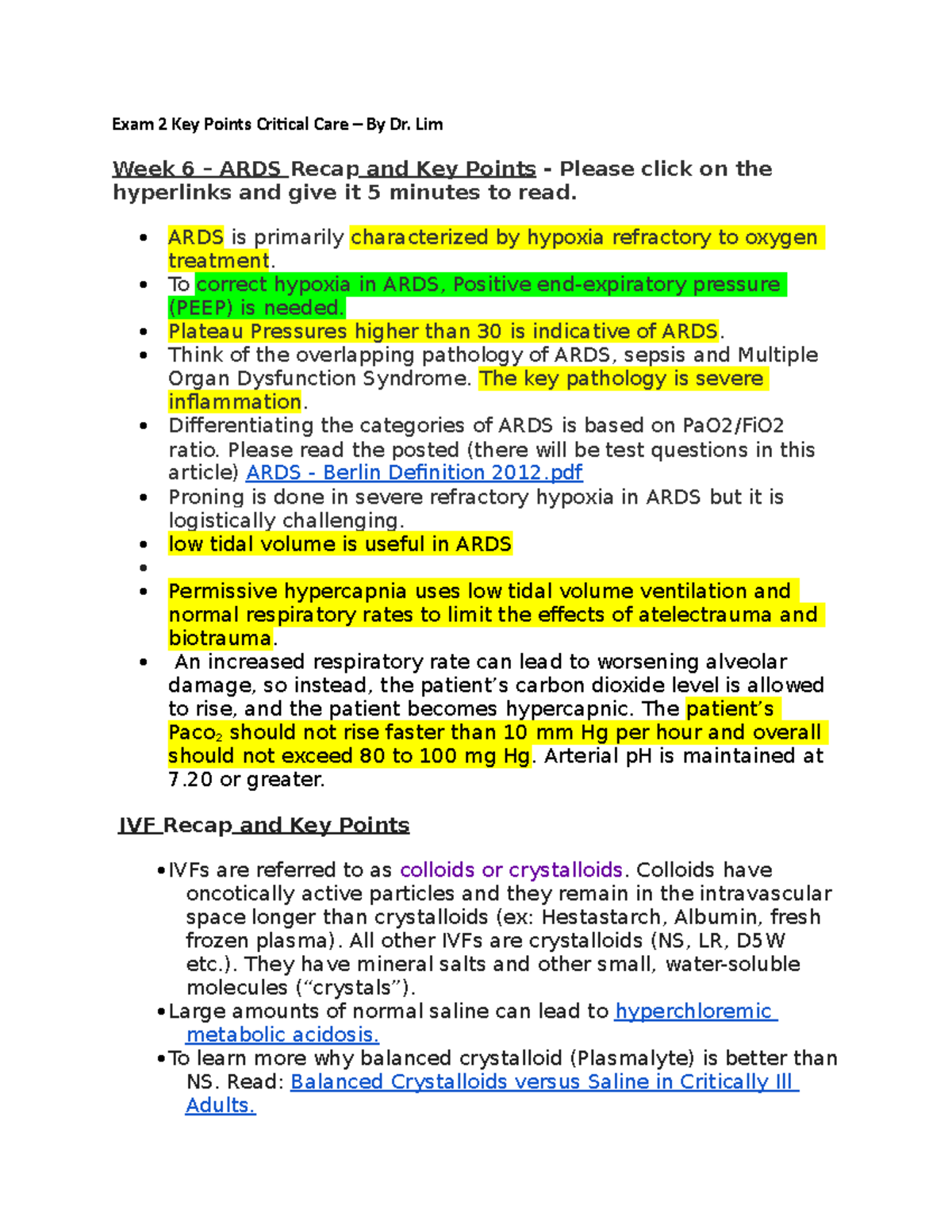 Exam 2 Key Points Critical Care - Lim Week 6 – ARDS Recap and Key ...
