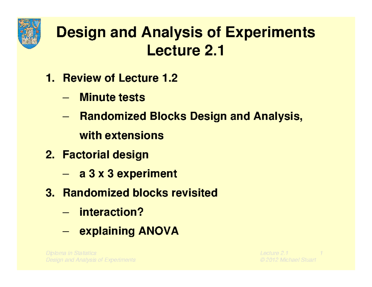 Lecture 2 1 - Aaaa - Design and Analysis of Experiments Lecture 2. 1 ...