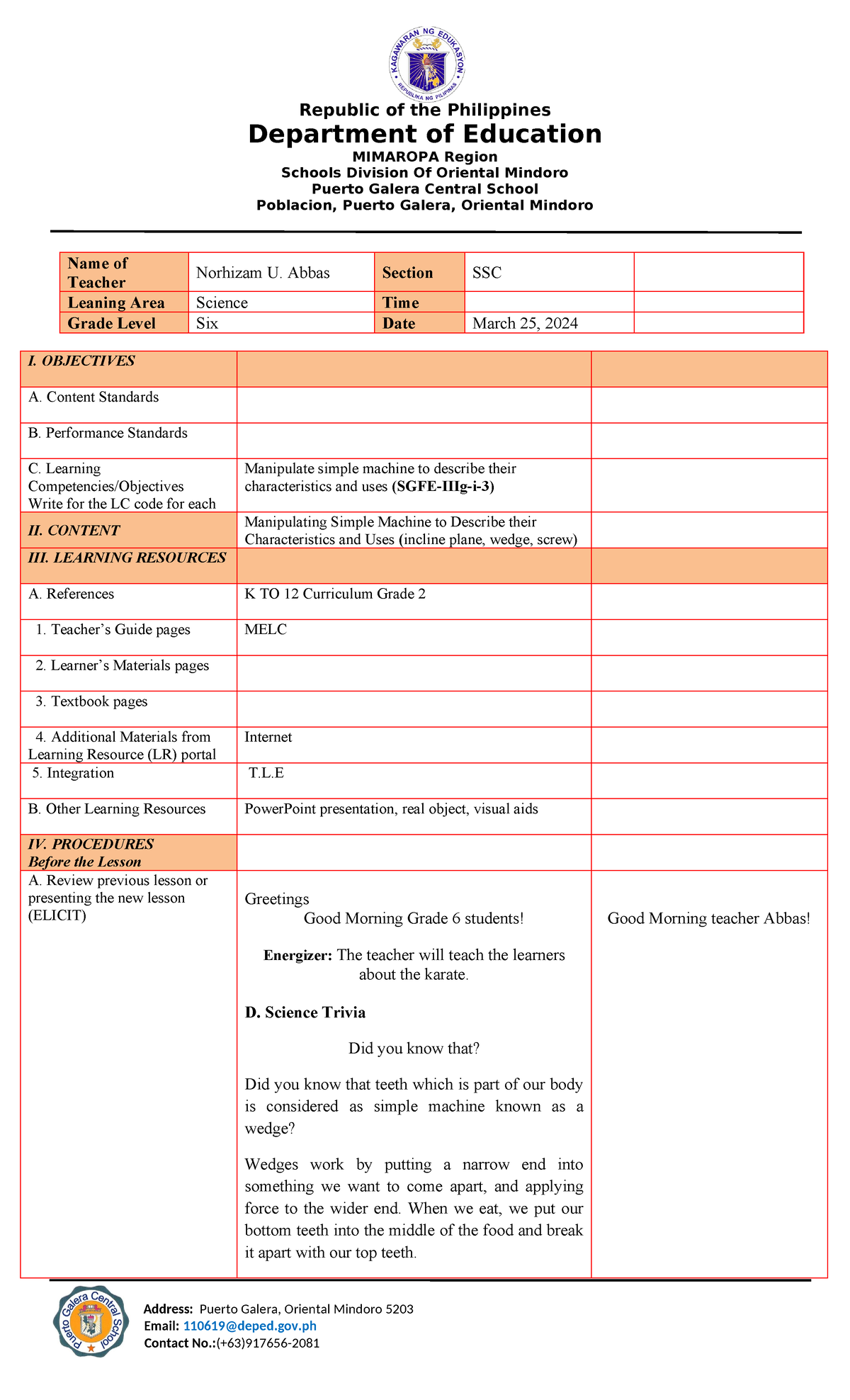 Science - Lesson plan - Department of Education MIMAROPA Region Schools ...