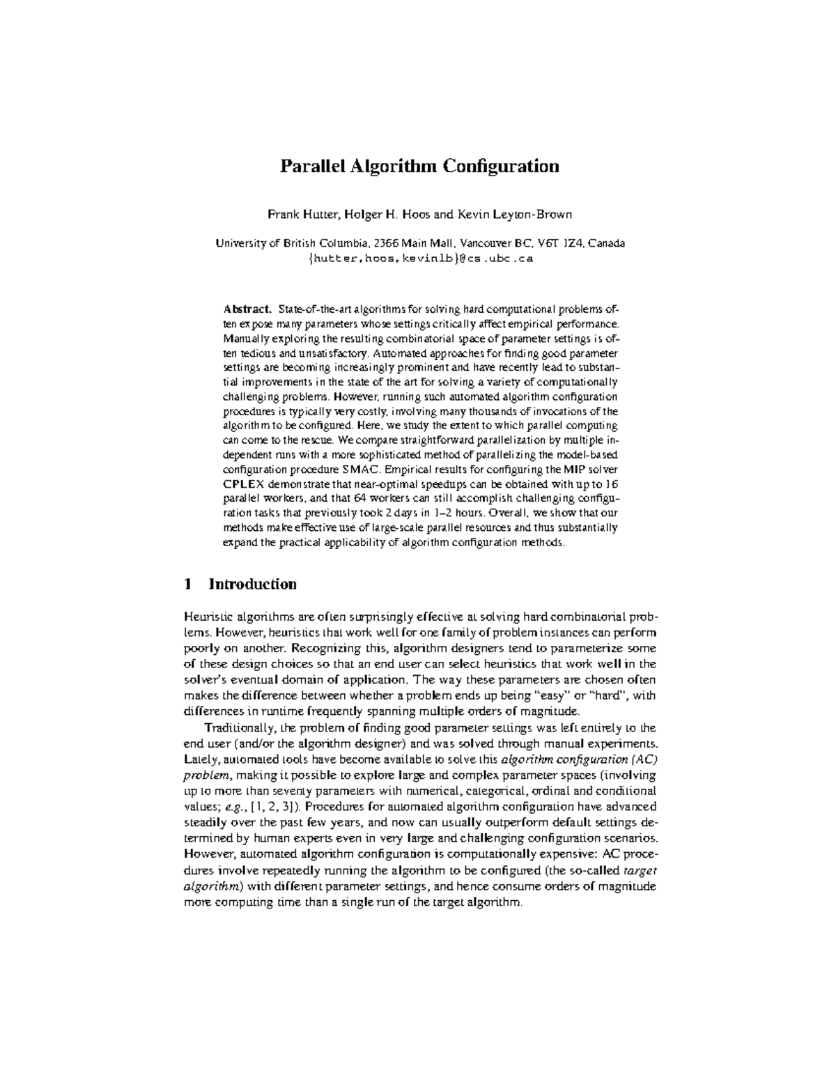 Parallel Algorithm Configuration - Hoos and Kevin Leyton-Brown ...