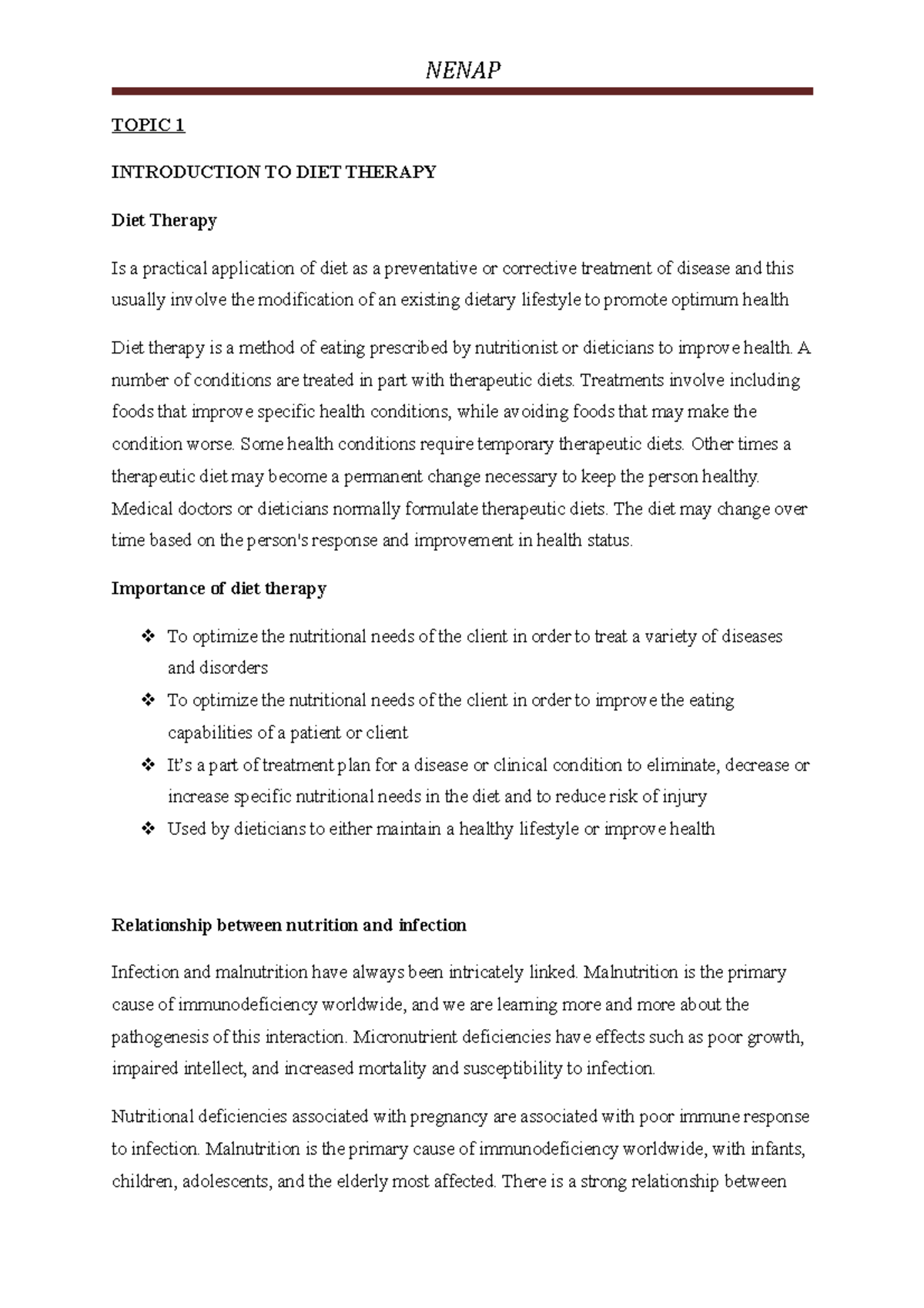 DIET Therapy - lecture notes - TOPIC 1 INTRODUCTION TO DIET THERAPY ...