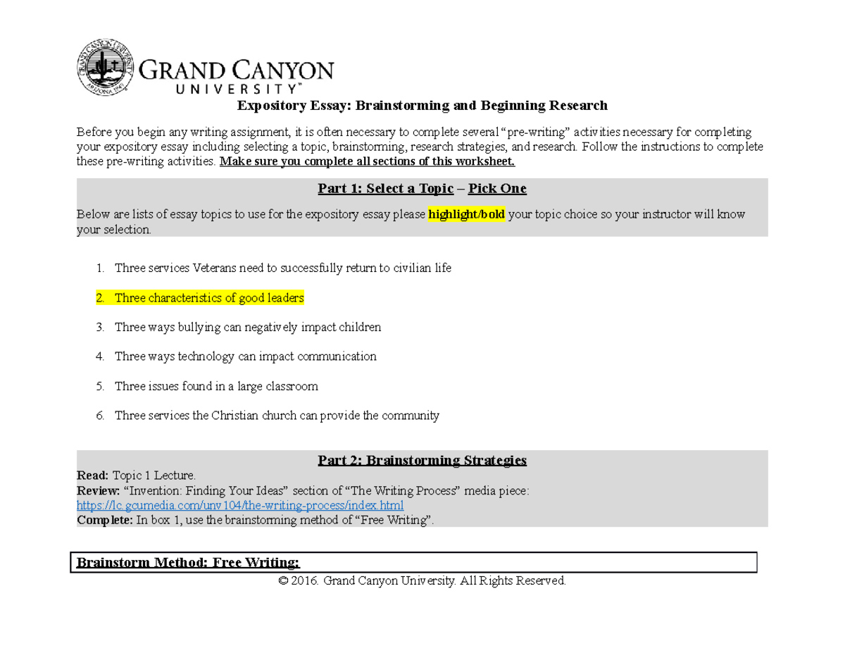 UNV-104 T1 Brainstorming and Beginning Research Worksheet - Expository ...