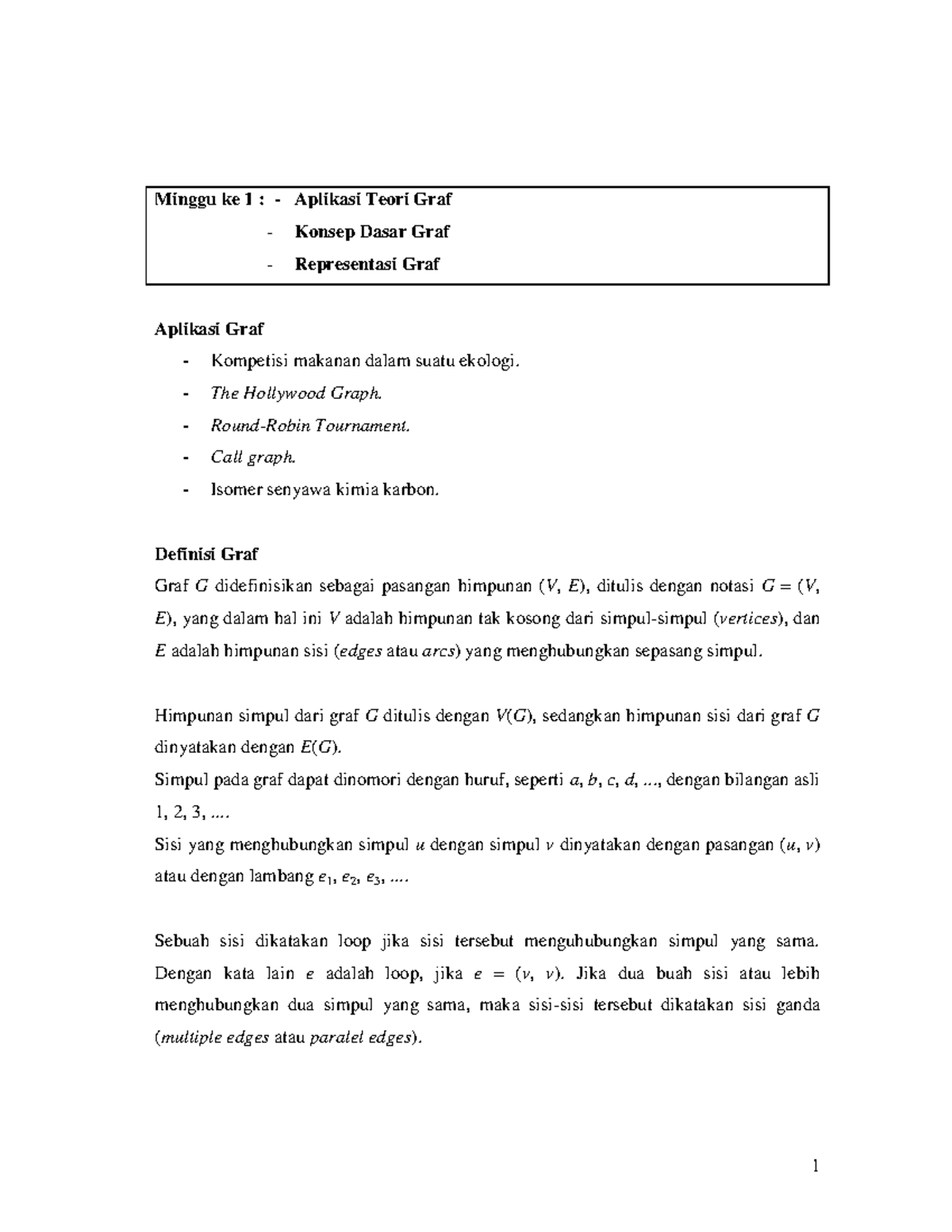 Teori GRAF - Minggu ke 1 : - Aplikasi Teori Graf - Konsep Dasar Graf ...
