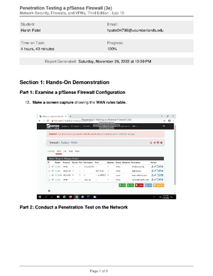 Lab 7 Configuring Custom Firewall Rules with pf Sense 3e - Harsh Patel - Network Security, - Studocu