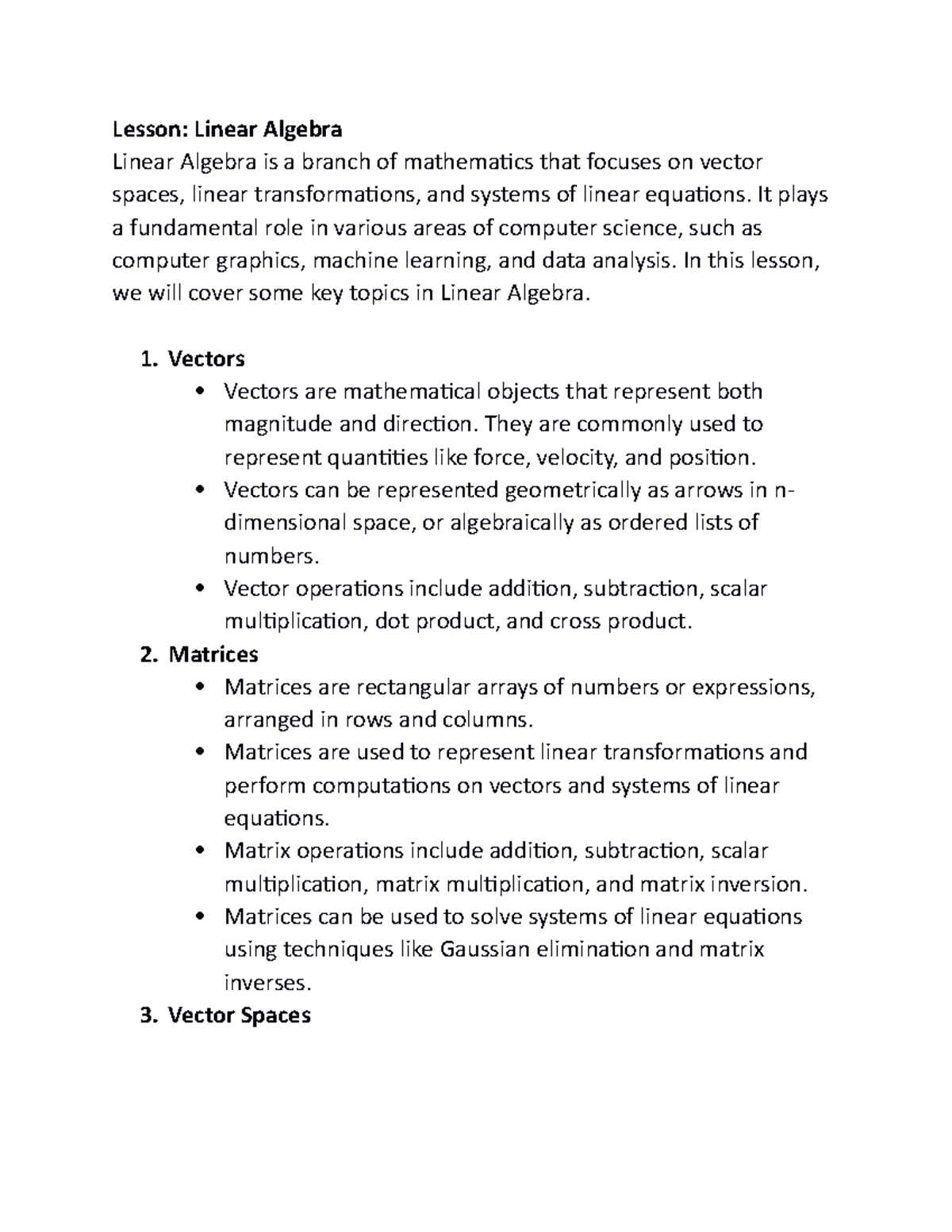 Linear Algebra - Lesson: Linear Algebra Linear Algebra is a branch of ...