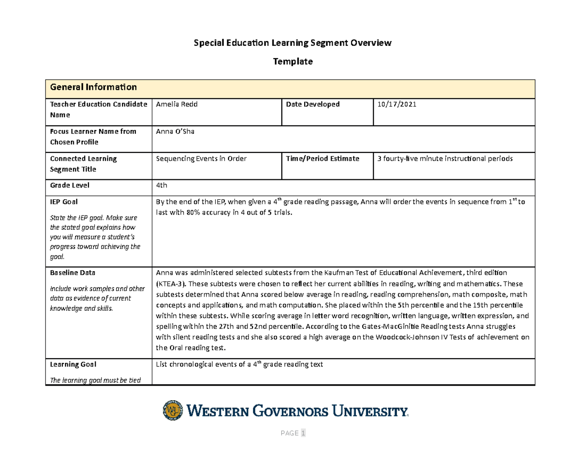 D006 Task 2 Completed - Special Education Learning Segment Overview ...