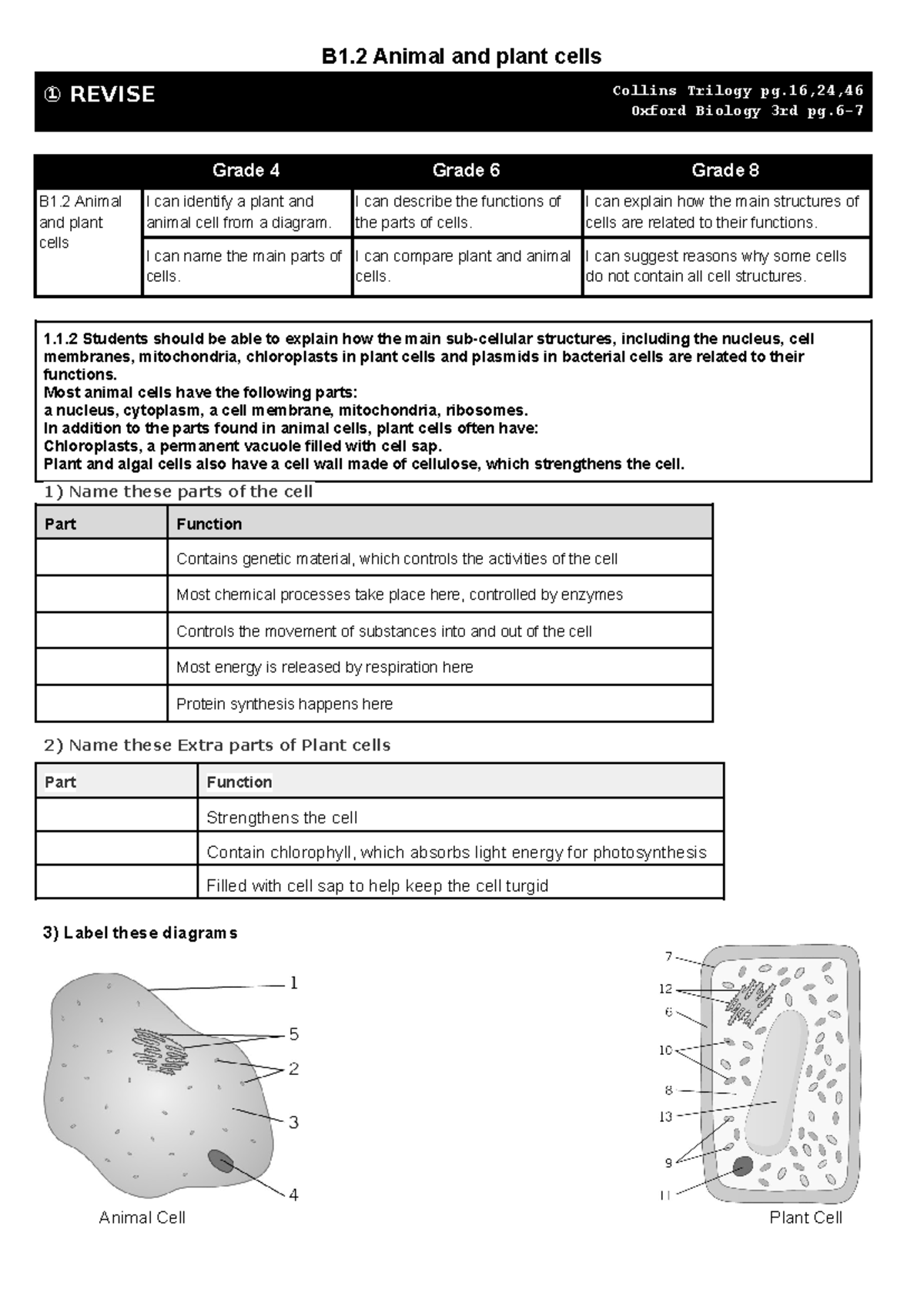 Animal and Plant Cells Revision Sheet - B1 Animal and plant cells ① ...