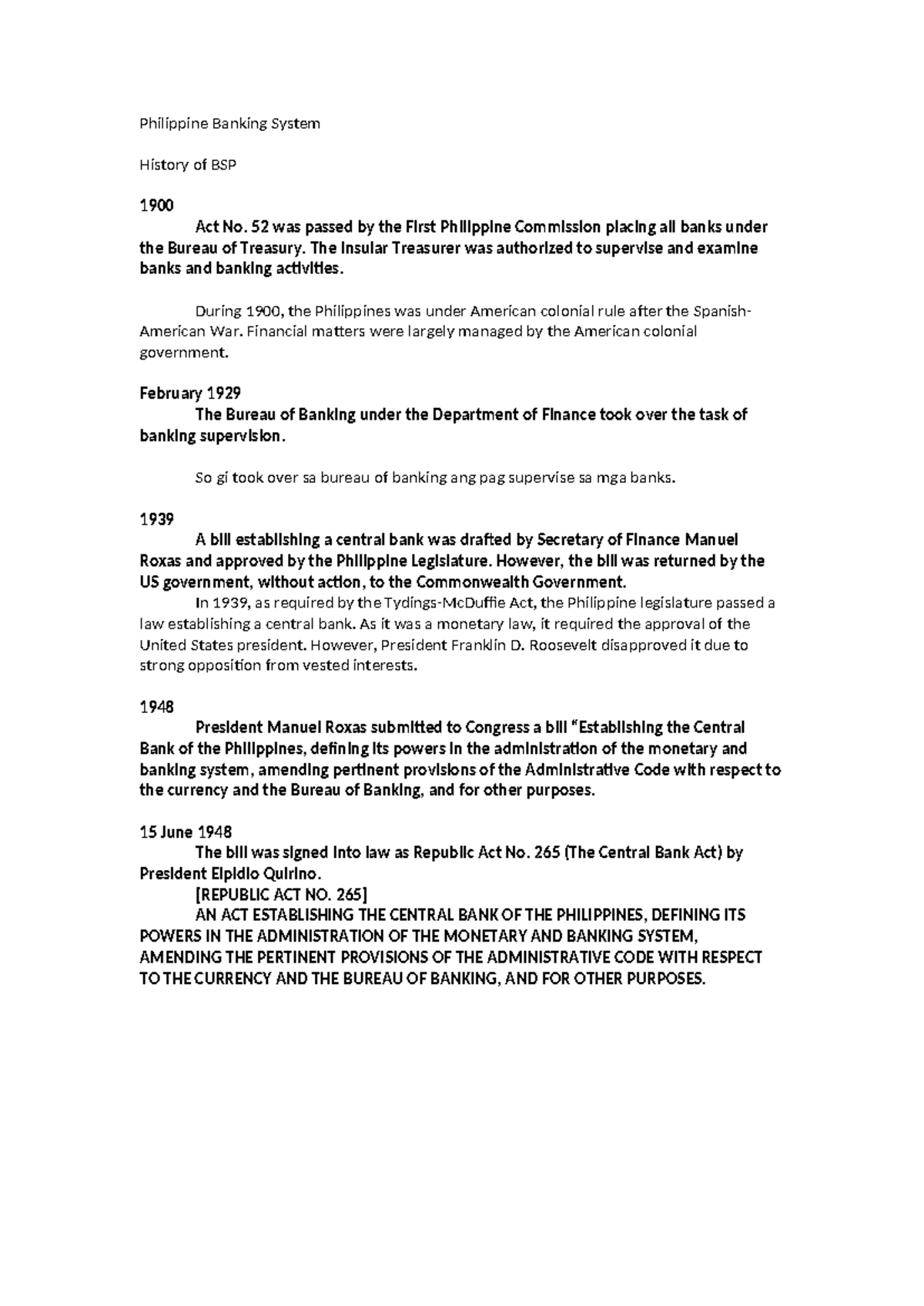 BSP History - Poem - Philippine Banking System History of BSP 1900 Act ...