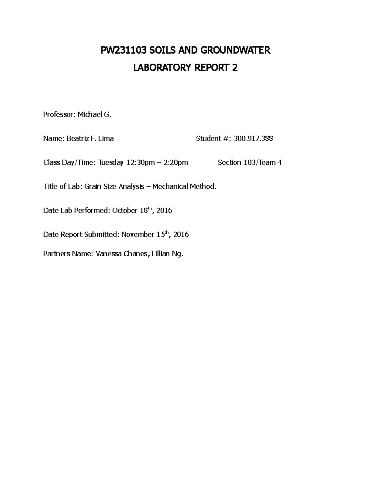 LAB Report 2 - PW231103 SOILS AND GROUNDWATER LABORATORY REPORT 2 ...