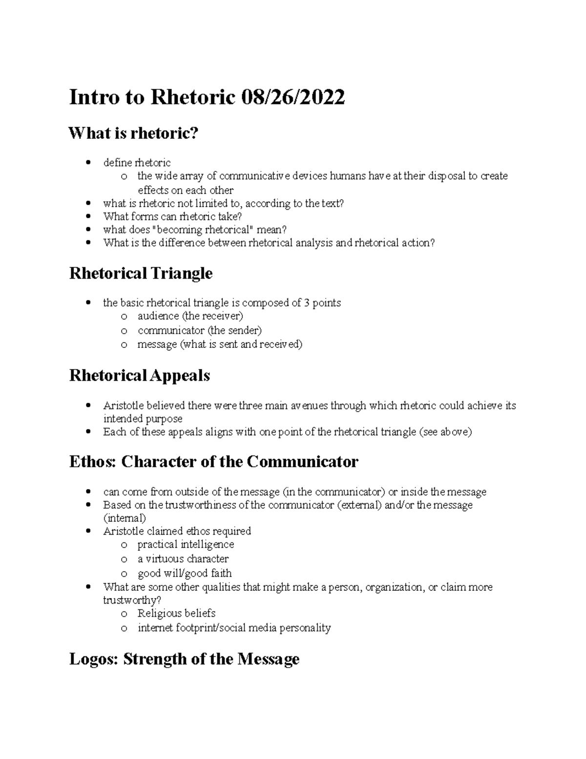 ENGL101 Notes pt - Intro to Rhetoric 08/26/ What is rhetoric? define ...