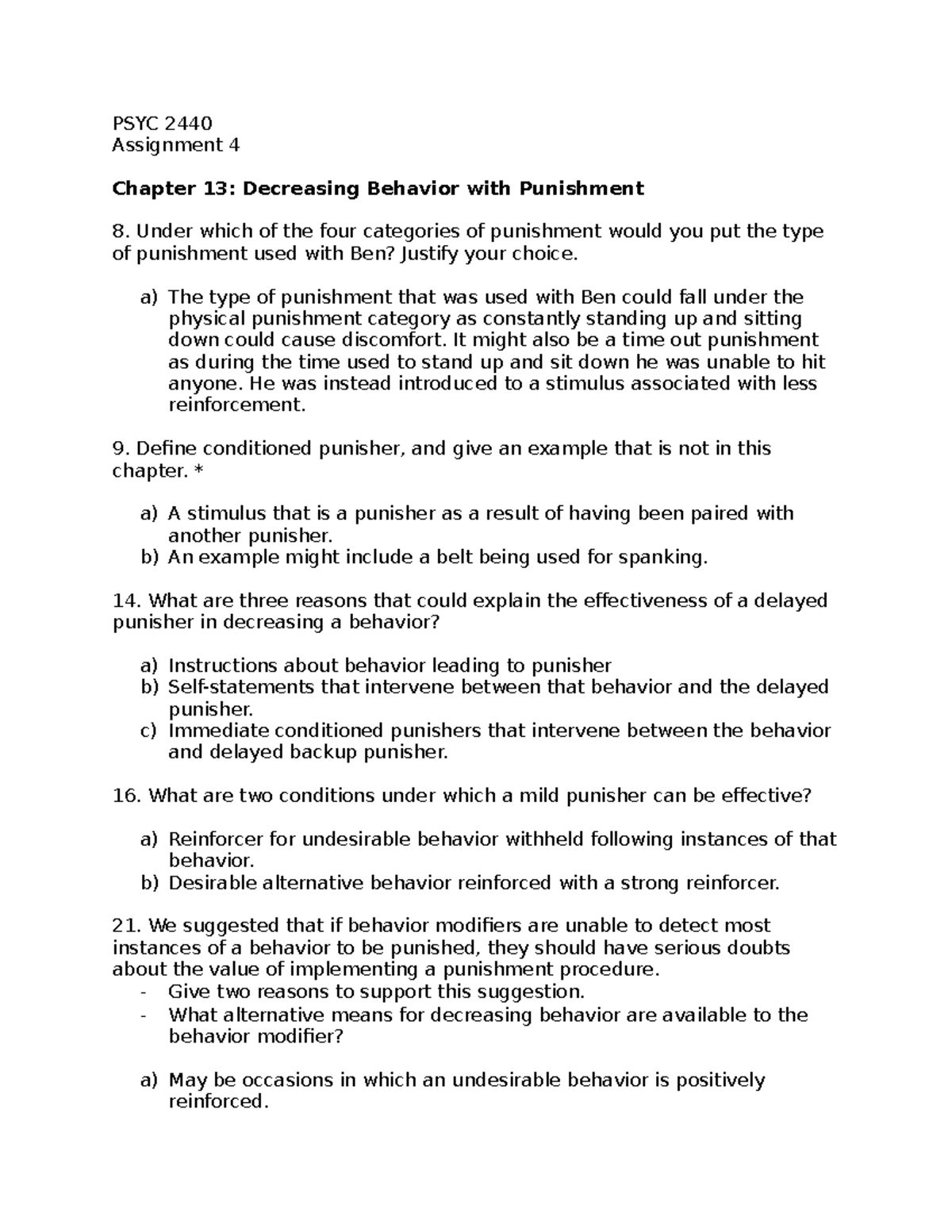 PSYC 2440 - Assignment 4 - PSYC 2440 Assignment 4 Chapter 13: Decreasing Behavior with ...
