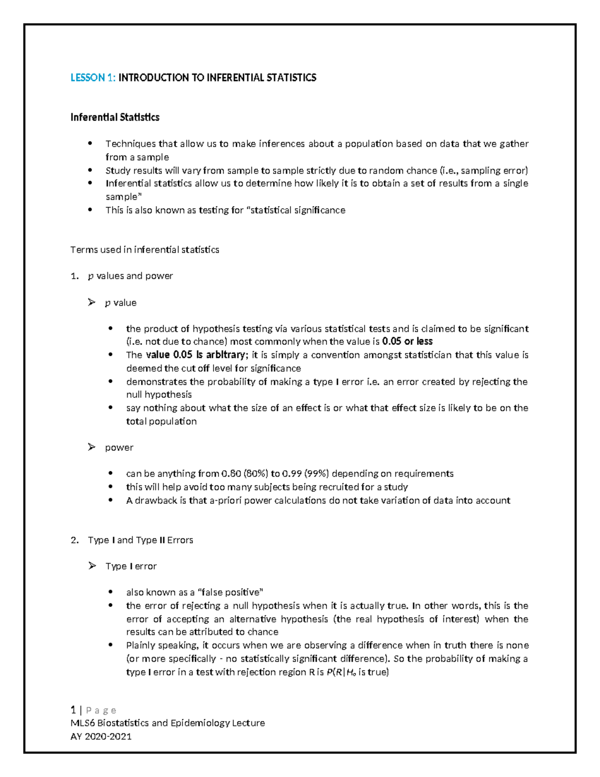 Biostatistics Module 3 Midterms - LESSON 1: INTRODUCTION TO INFERENTIAL STATISTICS Inferential ...