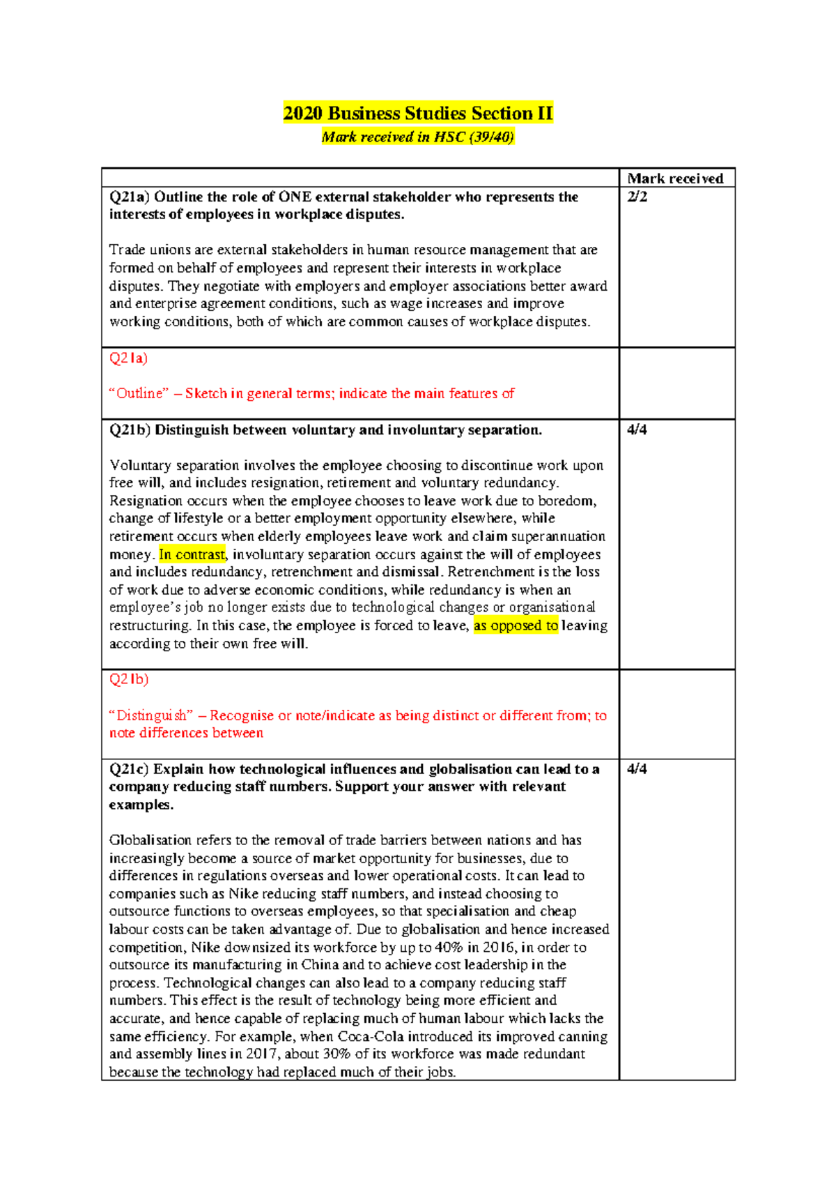 2020 HSC Section II responses - 2020 Business Studies Section II Mark ...