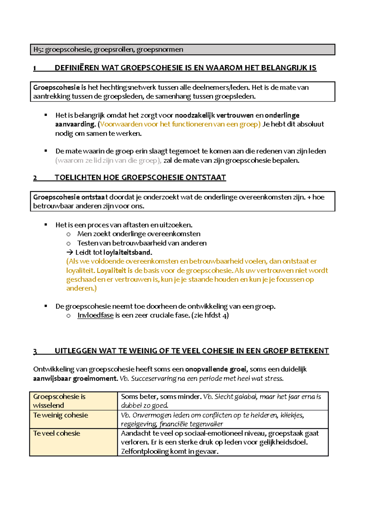 SAH H5 - samenvattin g - H5: groepscohesie, groepsrollen, groepsnormen ...