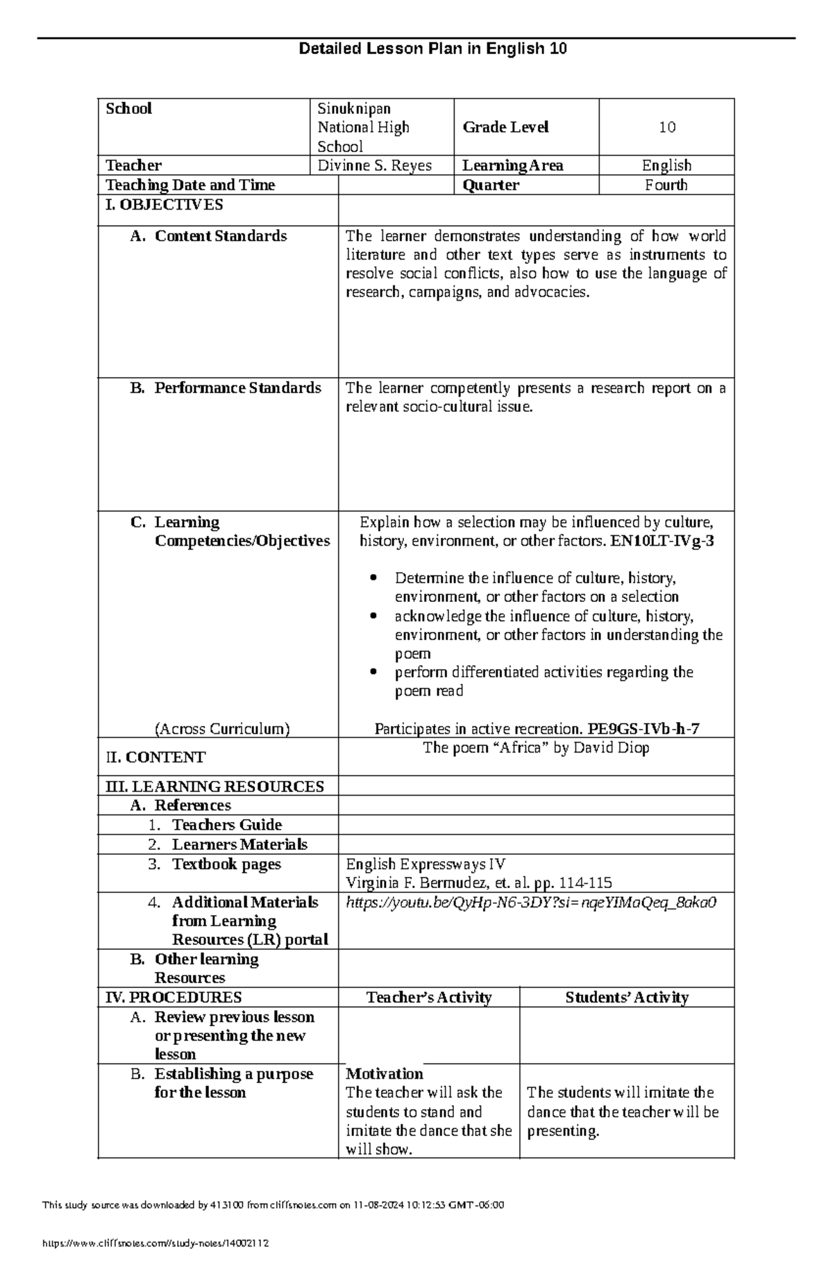 Final LP DEMO Debayn for pdf - Sinuknipan National High School 10 Divinne S. Reyes - Studocu