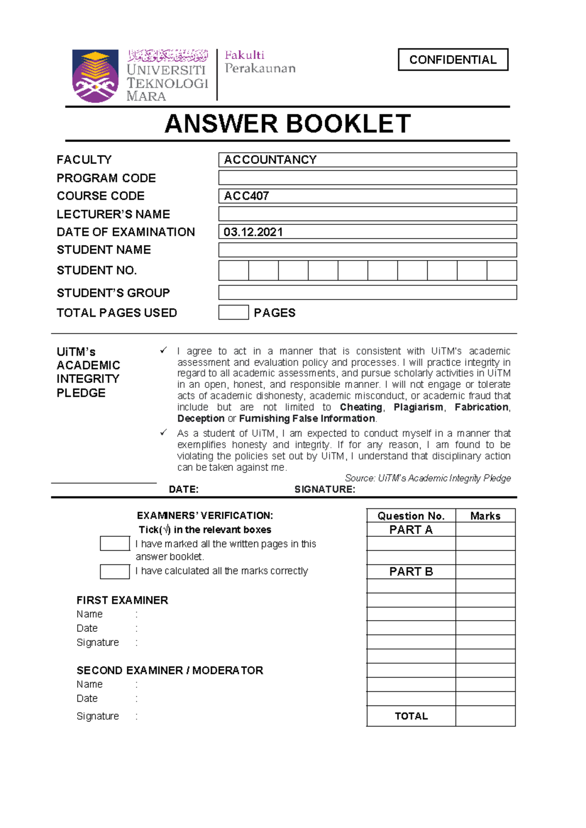 Exam 1 - tutorial work - ANSWER BOOKLET FACULTY ACCOUNTANCY PROGRAM CODE COURSE CODE ACC ...