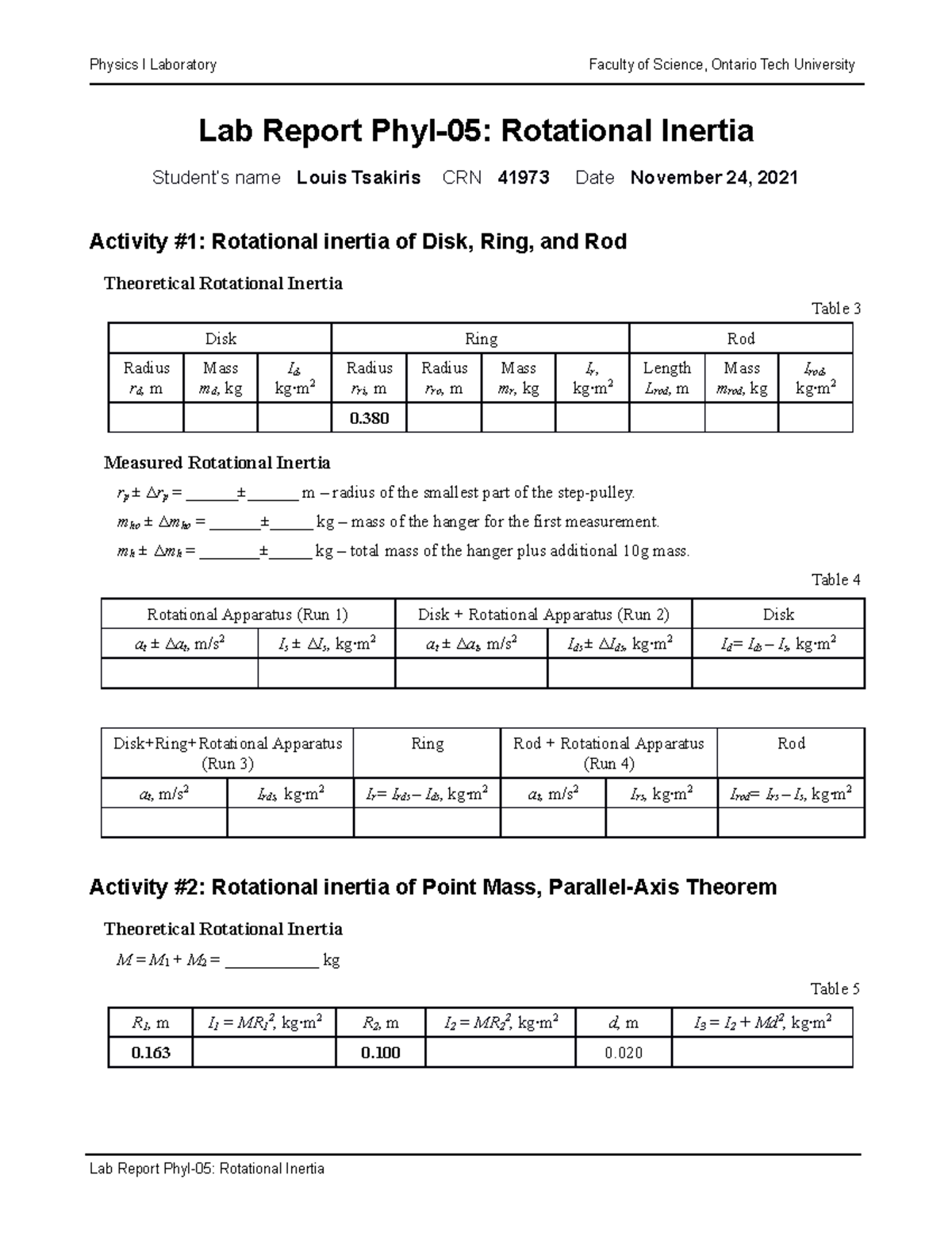 Rotation Lab Template - Physics I lab report - Physics I Laboratory ...