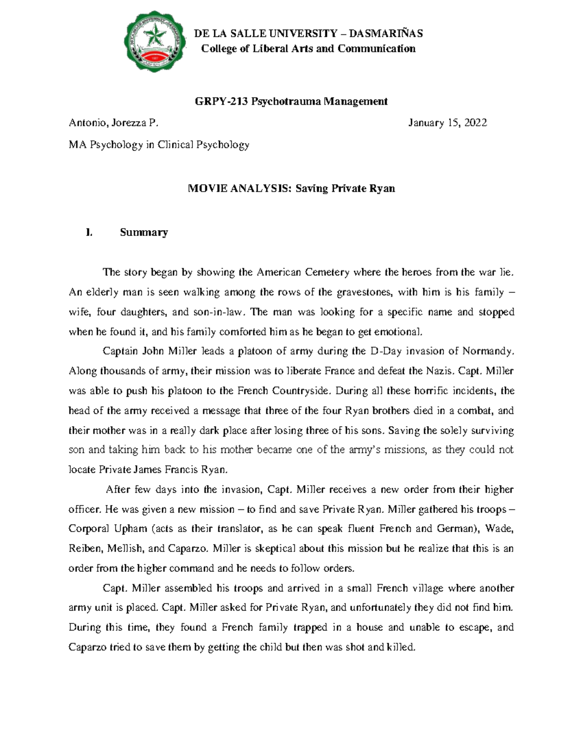 Movie Analysis Saving Private Ryan - College of Liberal Arts and ...