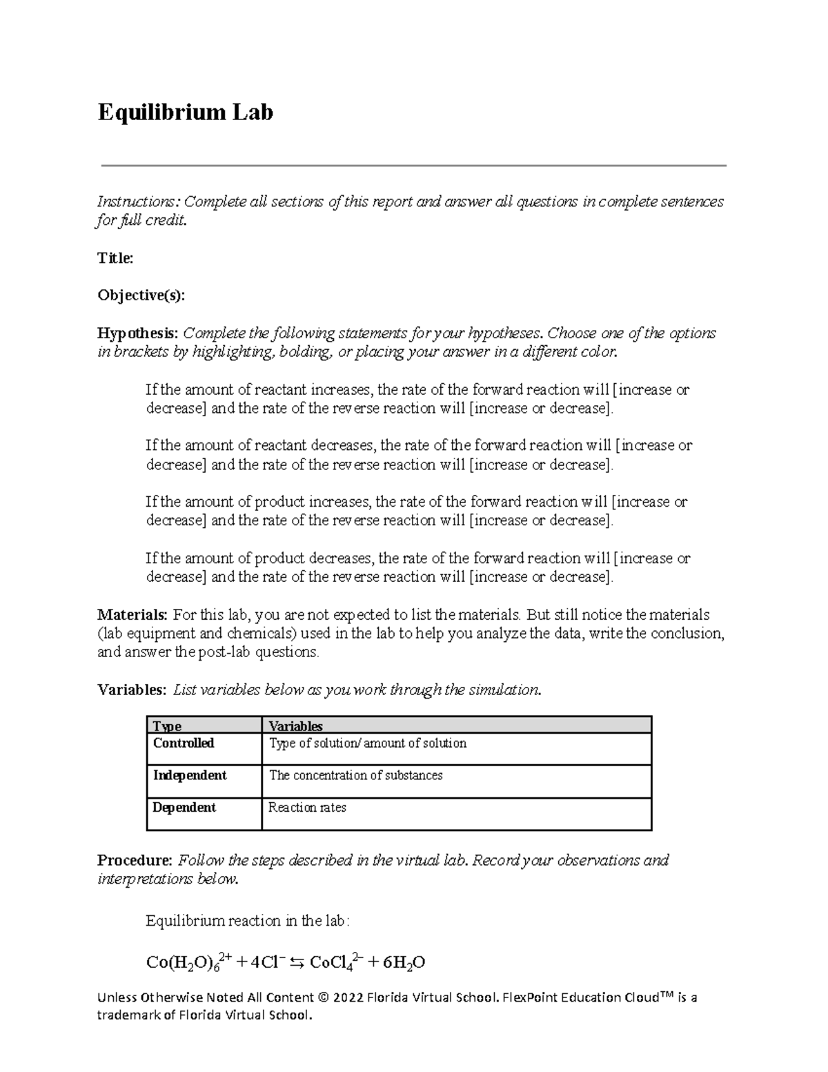 Lab report - Good answers - Equilibrium Lab Instructions: Complete all ...