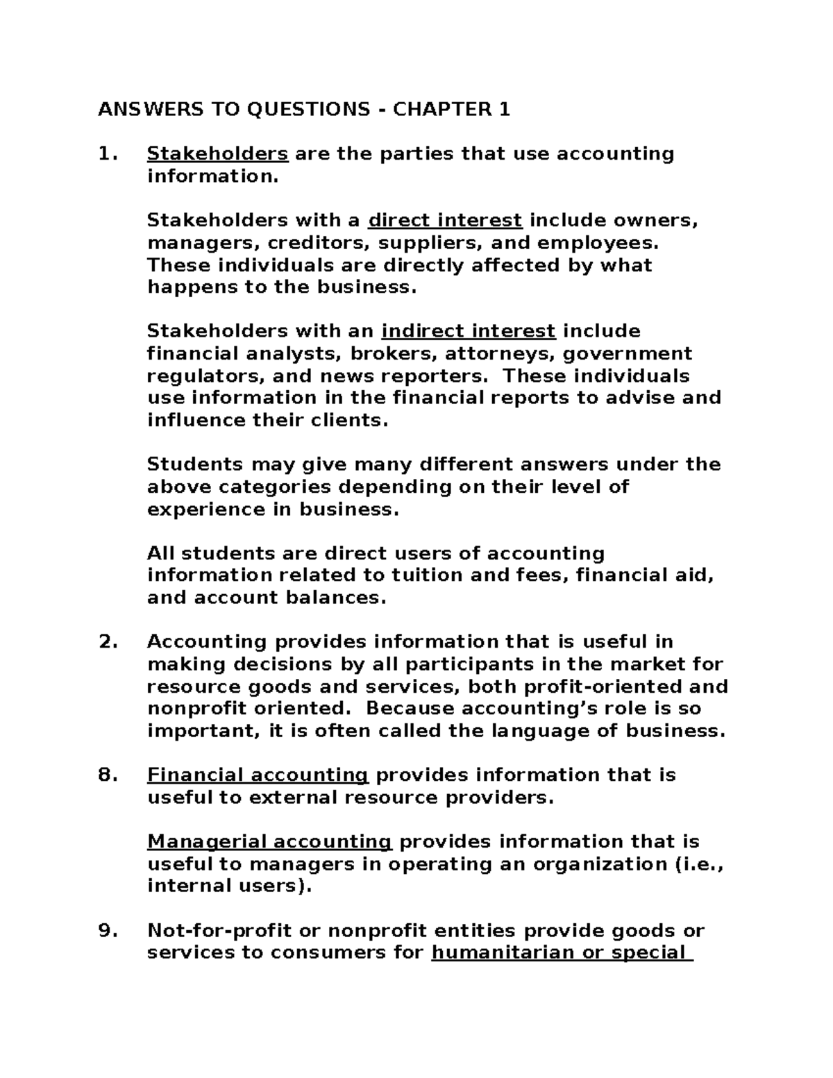 Financial 10e - Chapter 1 - Questions student copy - ANSWERS TO QUESTIONS - CHAPTER 1 ...