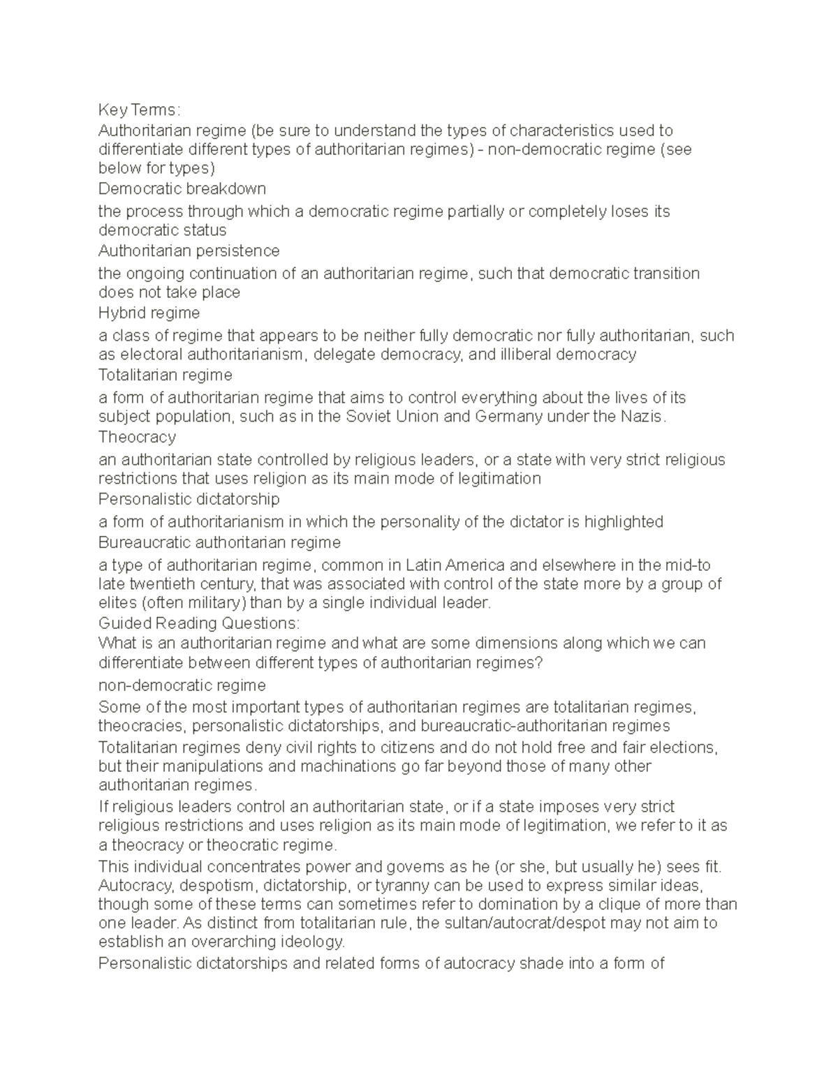 Lecture eight poli - Key Terms: Authoritarian regime (be sure to ...