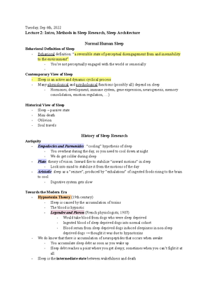 PSYC 444 - Sleep Mechanisms and behaviour - Week 1 - (August 31st ...