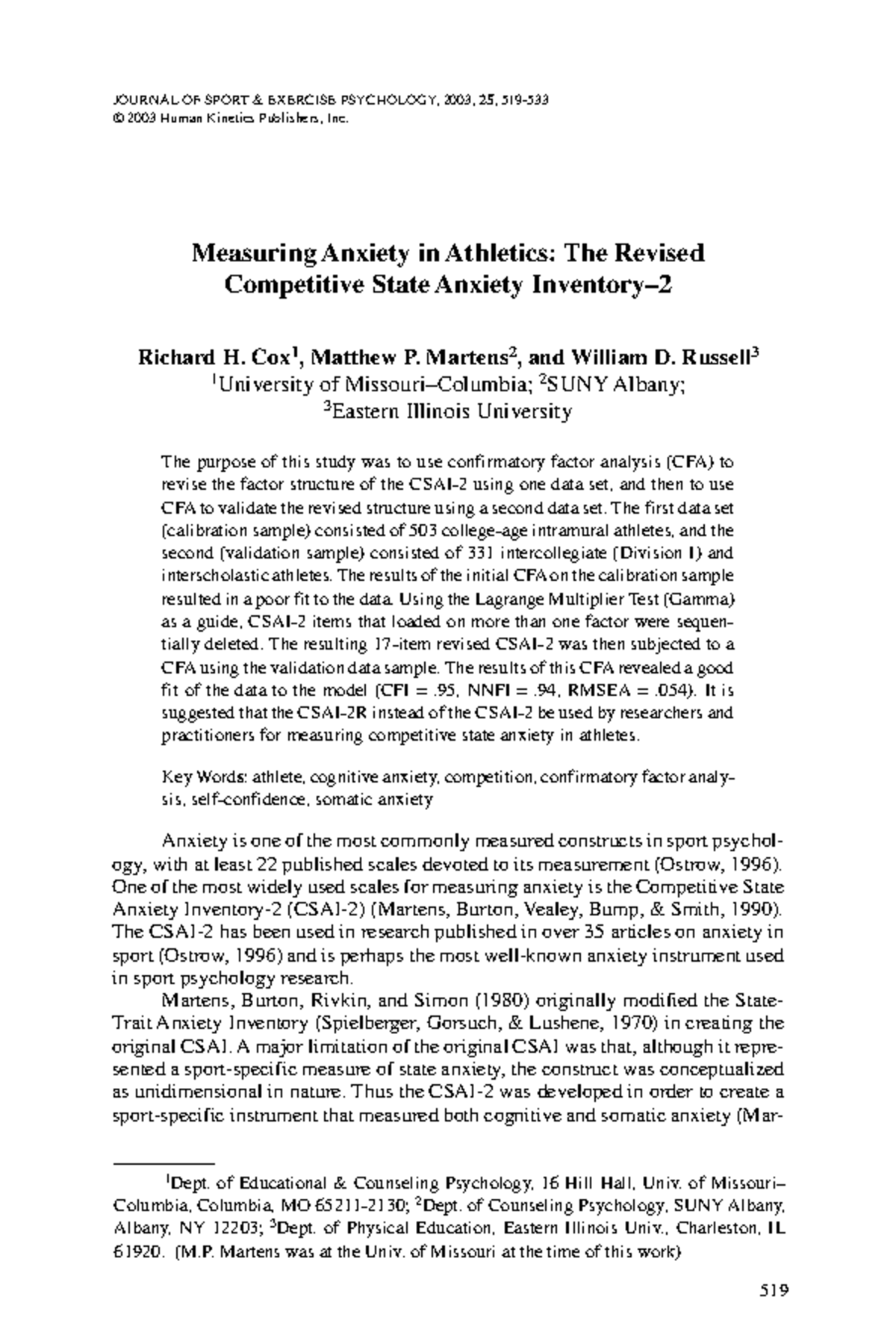 The Revised Competitive State Anxiety Inventory 2 - The Revised CSAI–2 ...