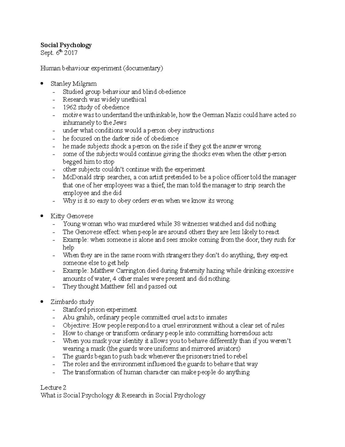 Social Psychology - Lecture notes 1-10 - Social Psychology Sept. 6th ...