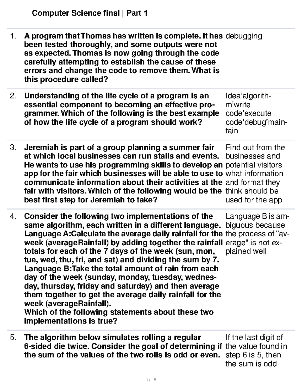 Computer Science final Part1 - Computer Science final | Part 1 A ...