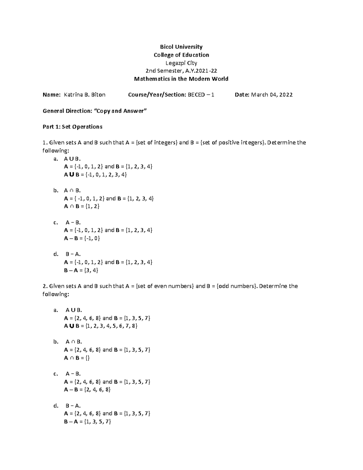 Mathematics in the Modern World— Worksheet 2 - Bicol University College ...