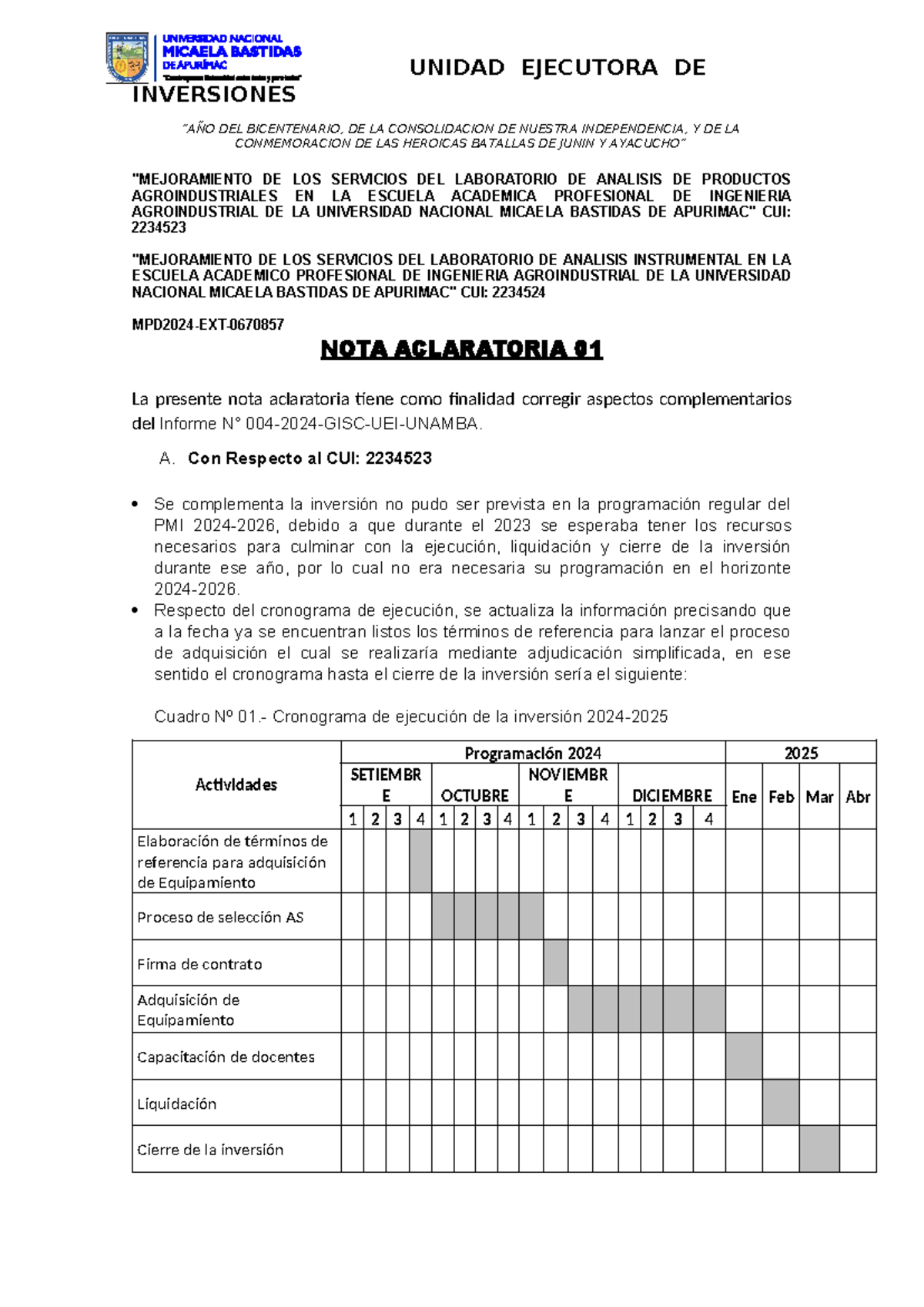 NOTA Aclaratoria CUI 2234254, 2234523 vf vf - UNIDAD EJECUTORA DE ...