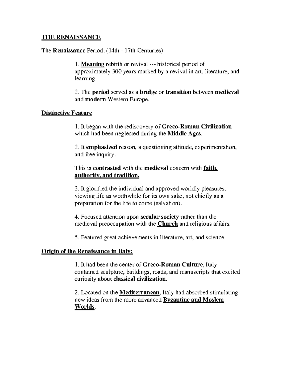 Renaissance notes - THE RENAISSANCE The Renaissance Period: (14th ...