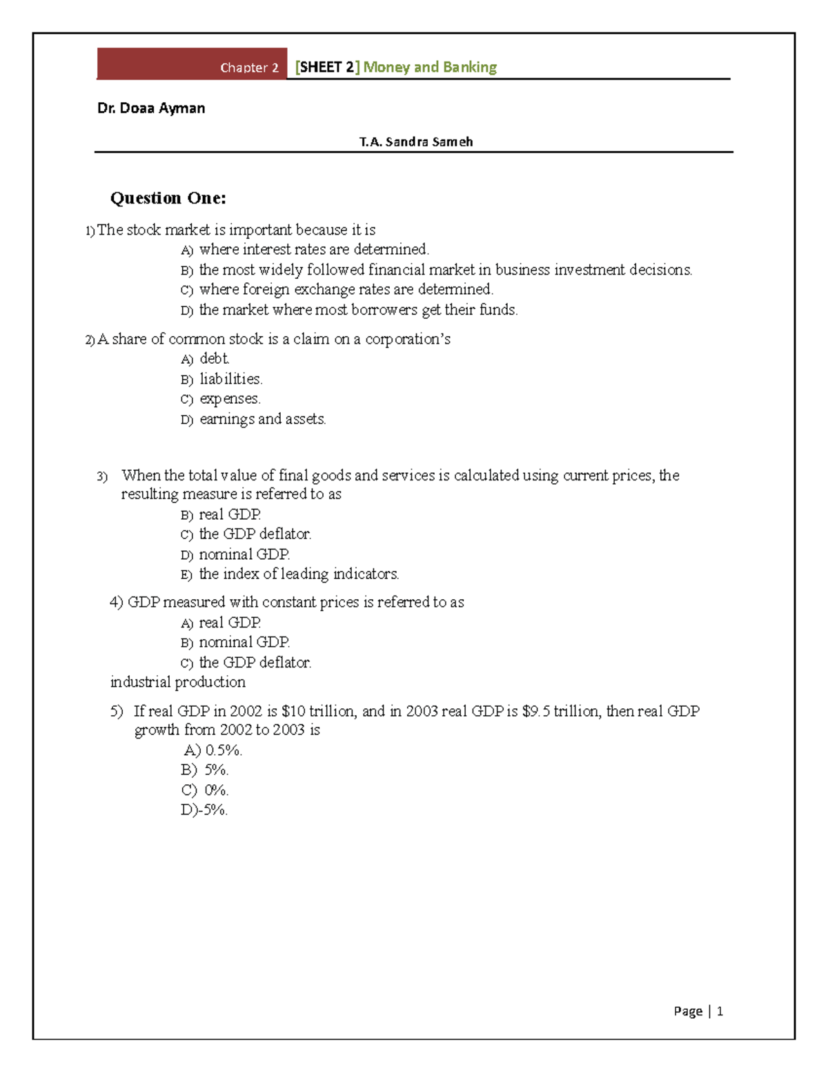 Sheet 2 - abc - Chapter 2 [SHEET 2] Money and Banking Dr. Doaa Ayman T ...