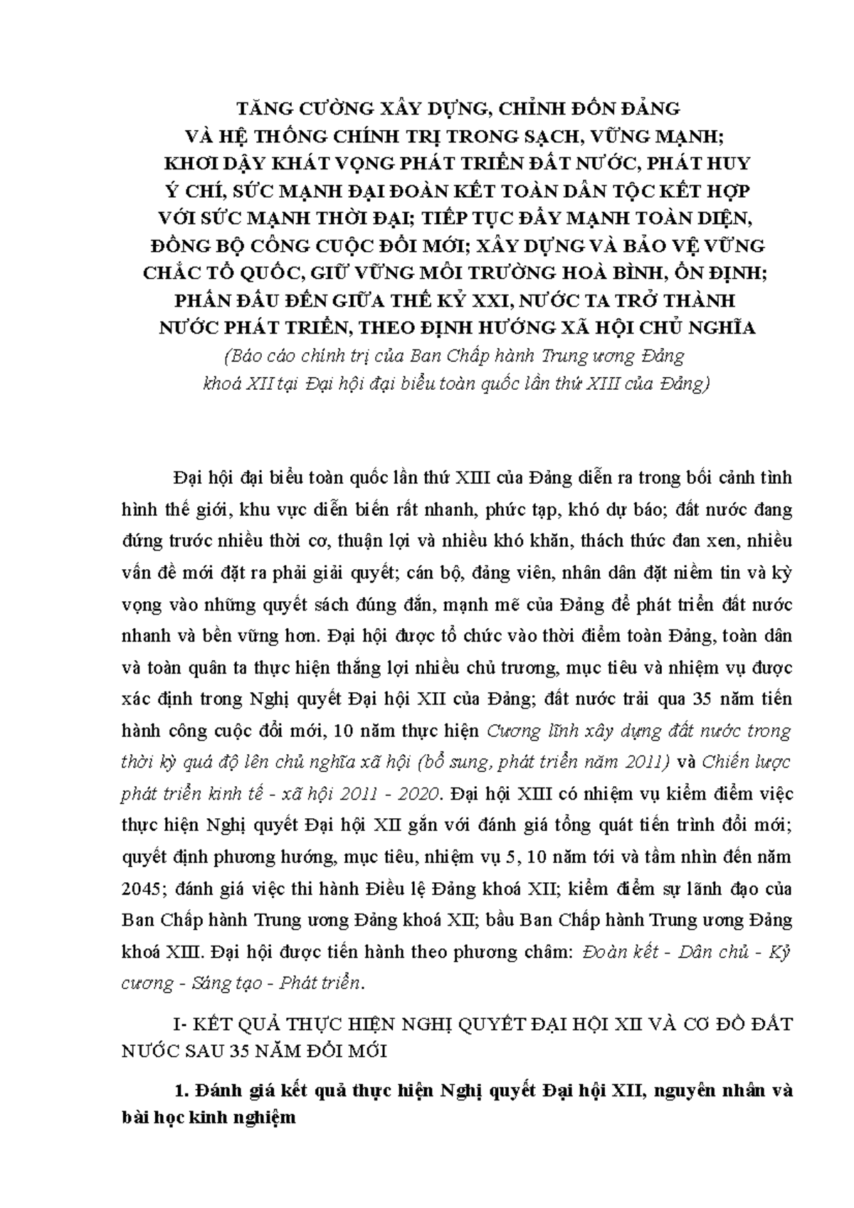 Bao cao chinh tri XIII - fdhh - TĂNG CƯỜNG XÂY DỰNG, CHỈNH ĐỐN ĐẢNG VÀ ...