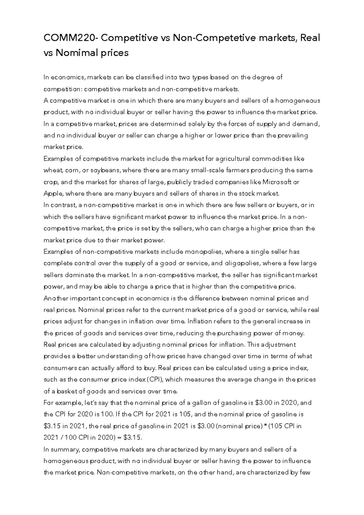 COMM220- Competitive vs Non-Competetive markets, Real vs Nomimal prices ...