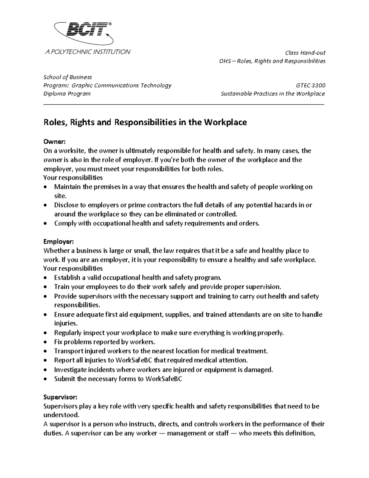 OHS Roles, RIghts, Responsibilities - Class Hand-out OHS – Roles ...