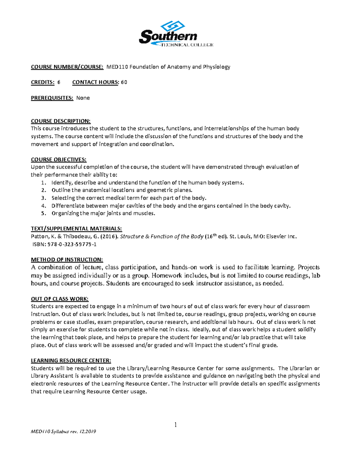 MED110 Foundations of Anatomy and Physiology Syllabus 12.19 - 1 MED110 ...