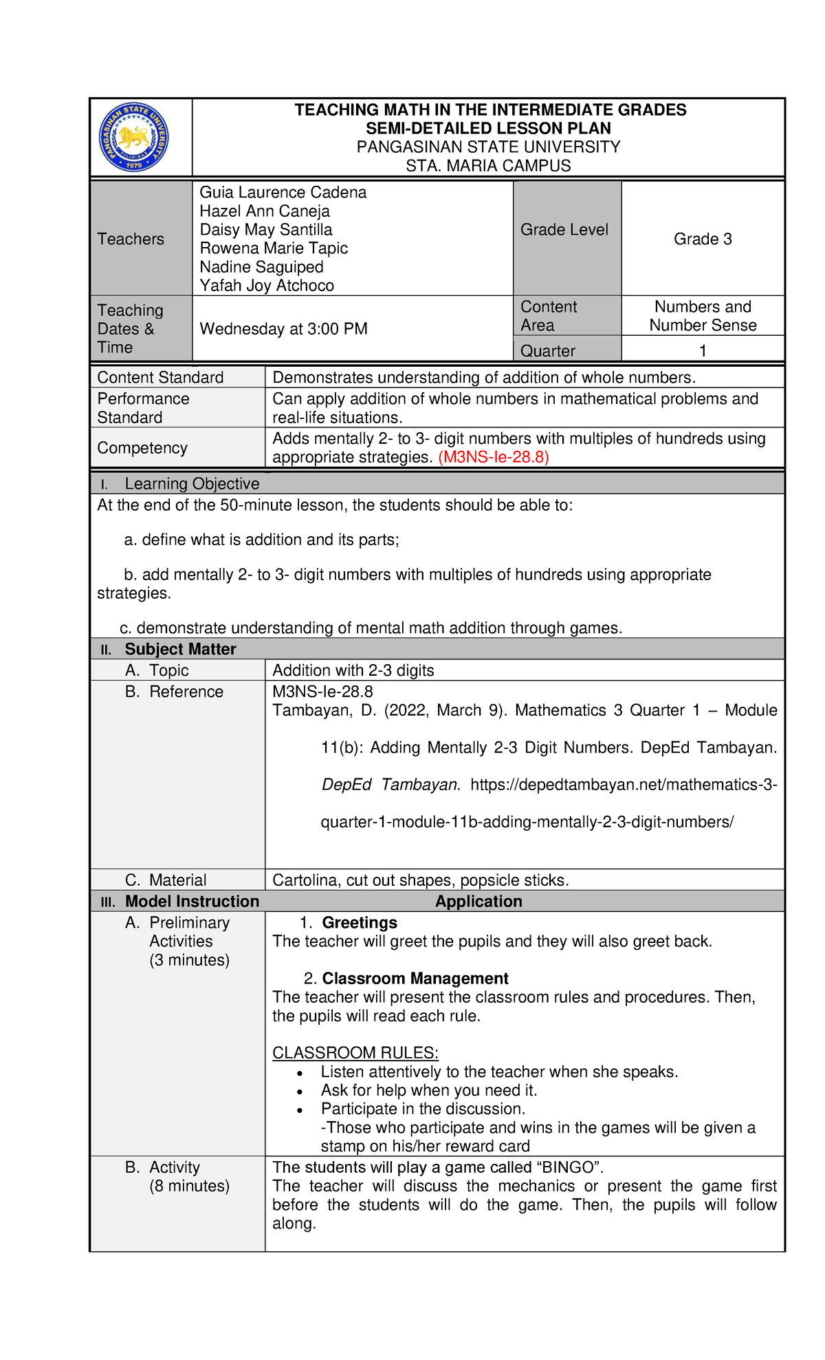 3RD LP IN MATH3 Extension 2 - TEACHING MATH IN THE INTERMEDIATE GRADES SEMI-DETAILED LESSON PLAN ...
