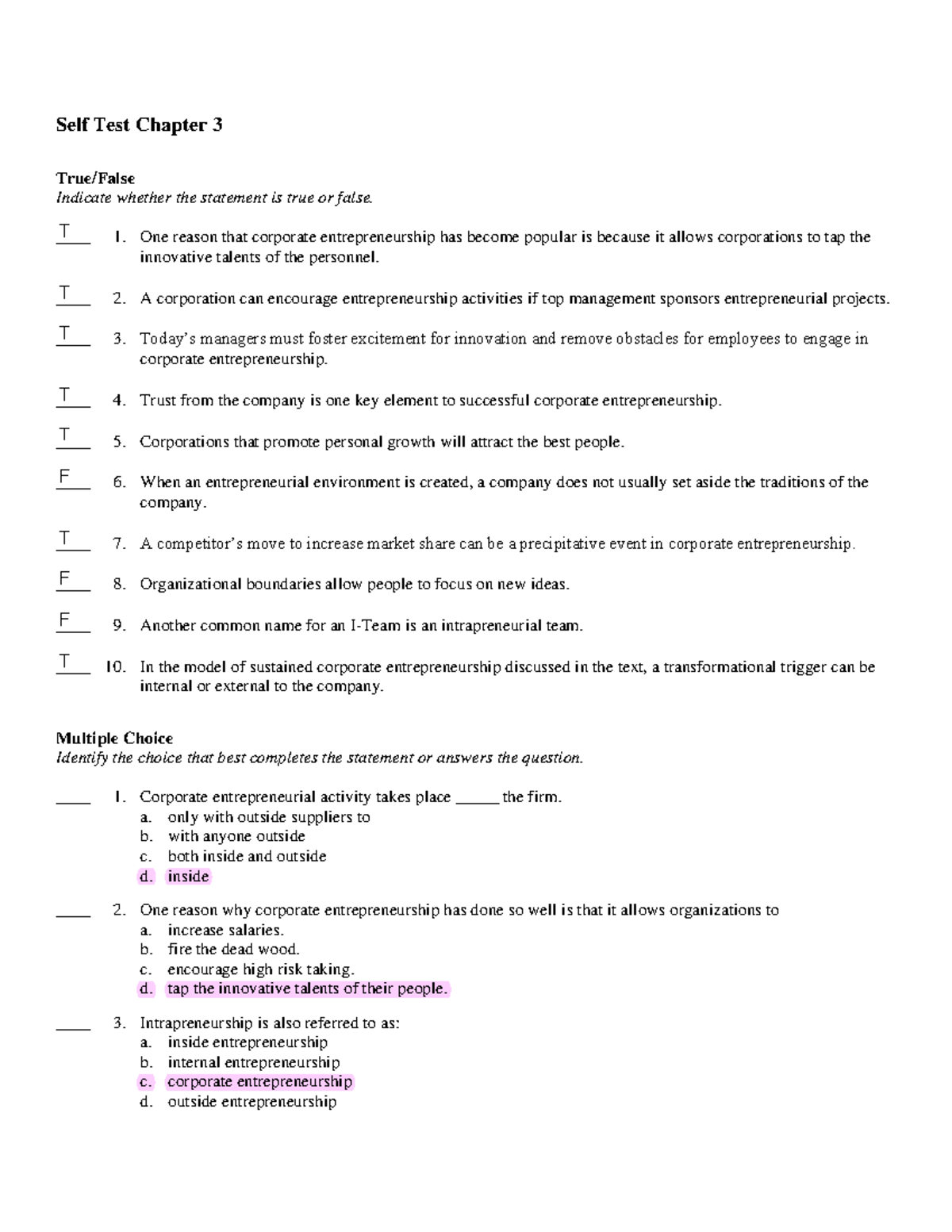 Self Test Chapter 3 - Bus3500 - Self Test Chapter 3 True/False Indicate ...