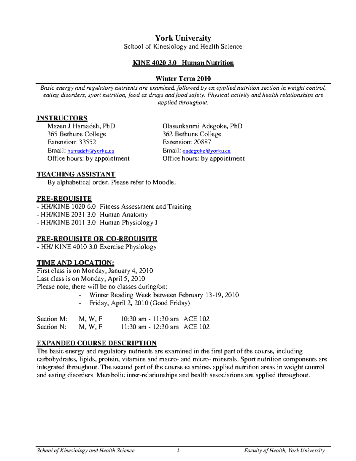KINE 4020 Course Outline - York University School of Kinesiology and ...