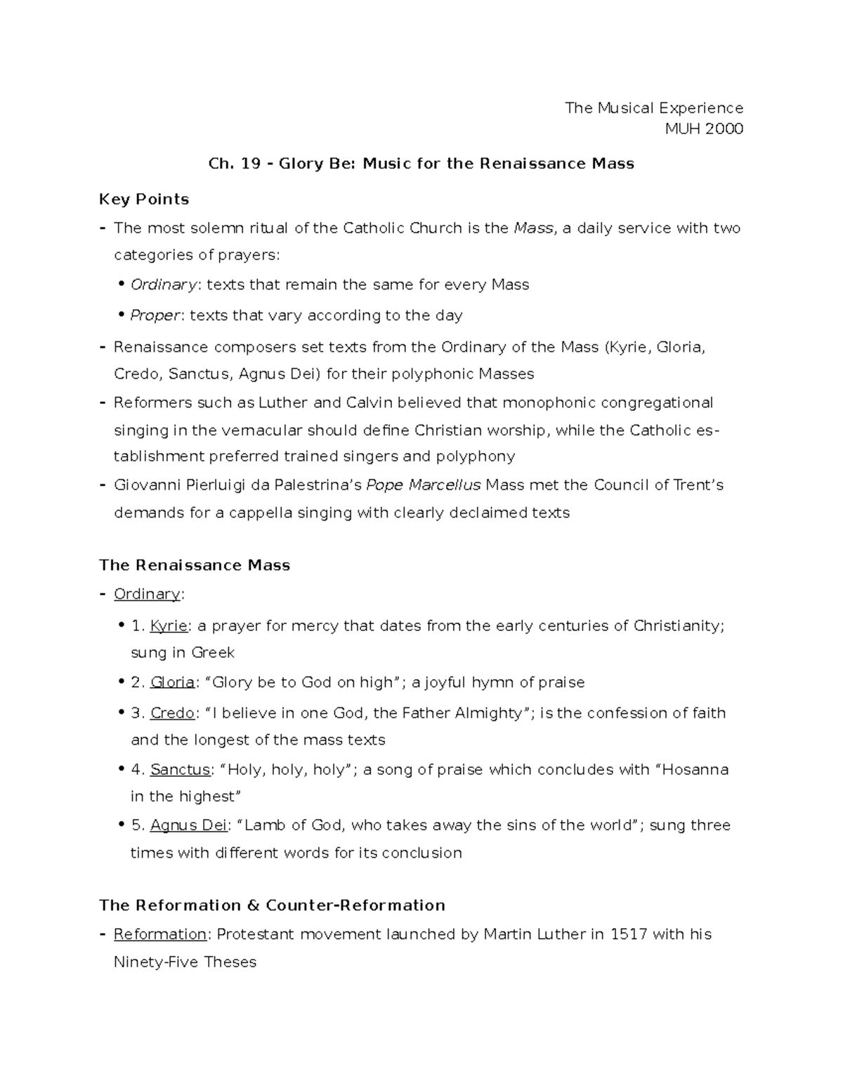 Ch. 19 - Music for the Renaissance Mass - The Musical Experience MUH ...