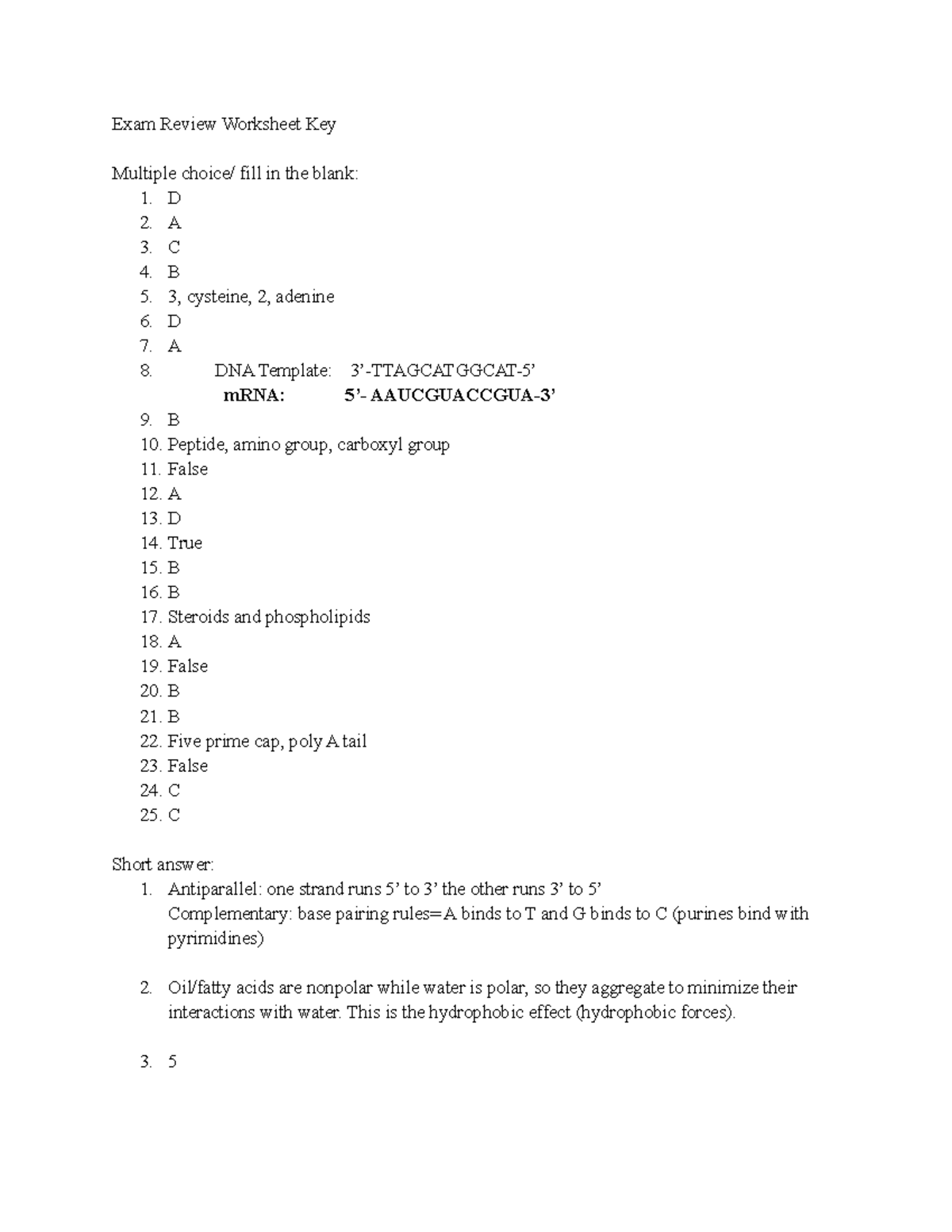 Exam Review Worksheet Key - Exam Review Worksheet Key Multiple choice ...