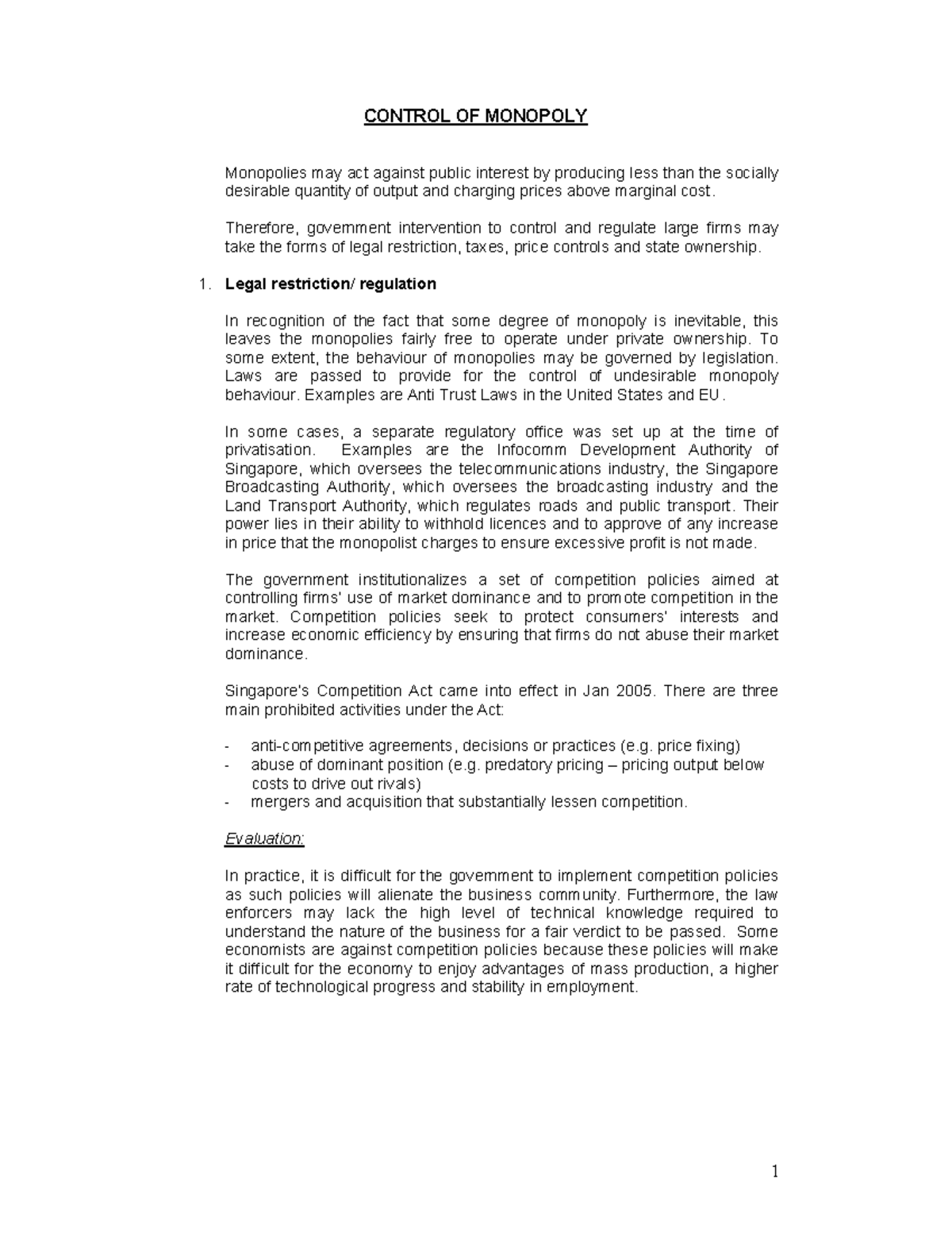 Complete notes on Control of Monopoly - CONTROL OF MONOPOLY Monopolies ...