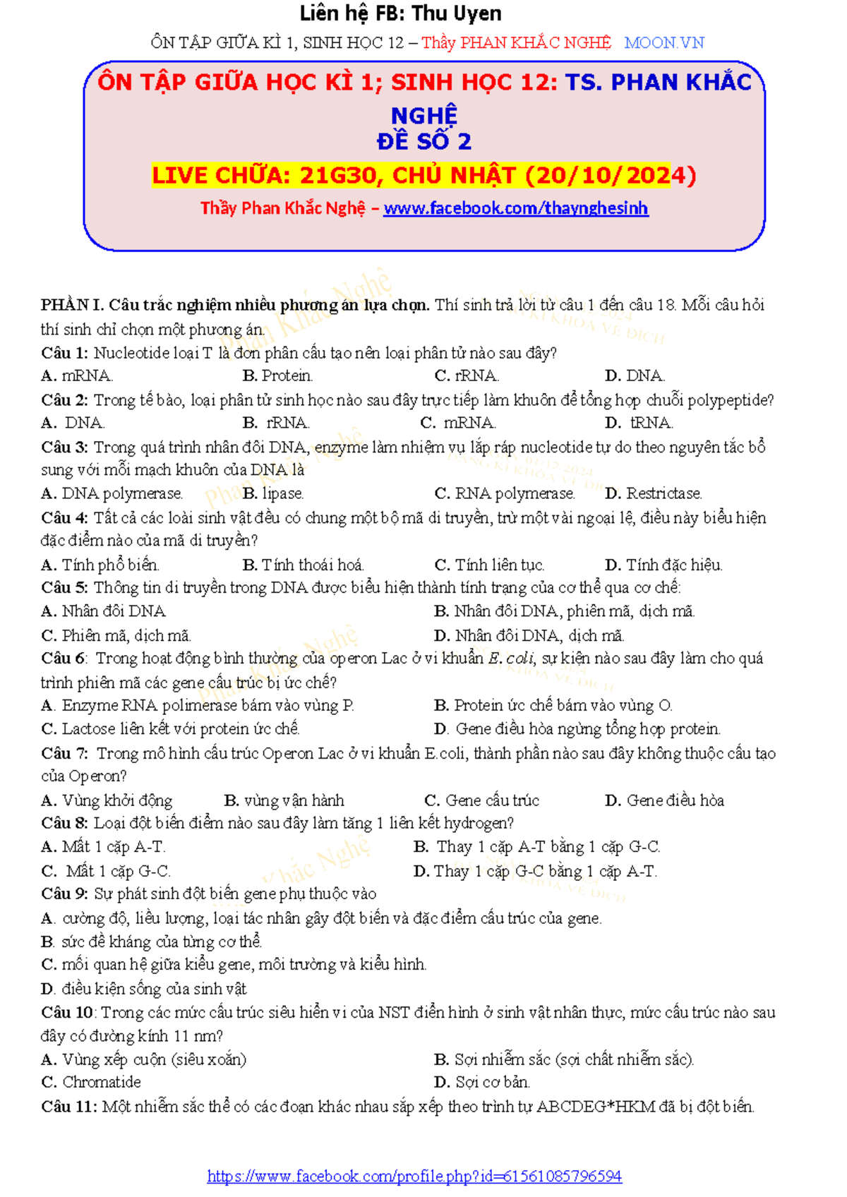 Đề số 2 - Ôn tập giữa HK I - Sinh học 12 Chương trình mới 2025 - ÔN TẬP GIỮA KÌ 1, SINH HỌC 12 ...