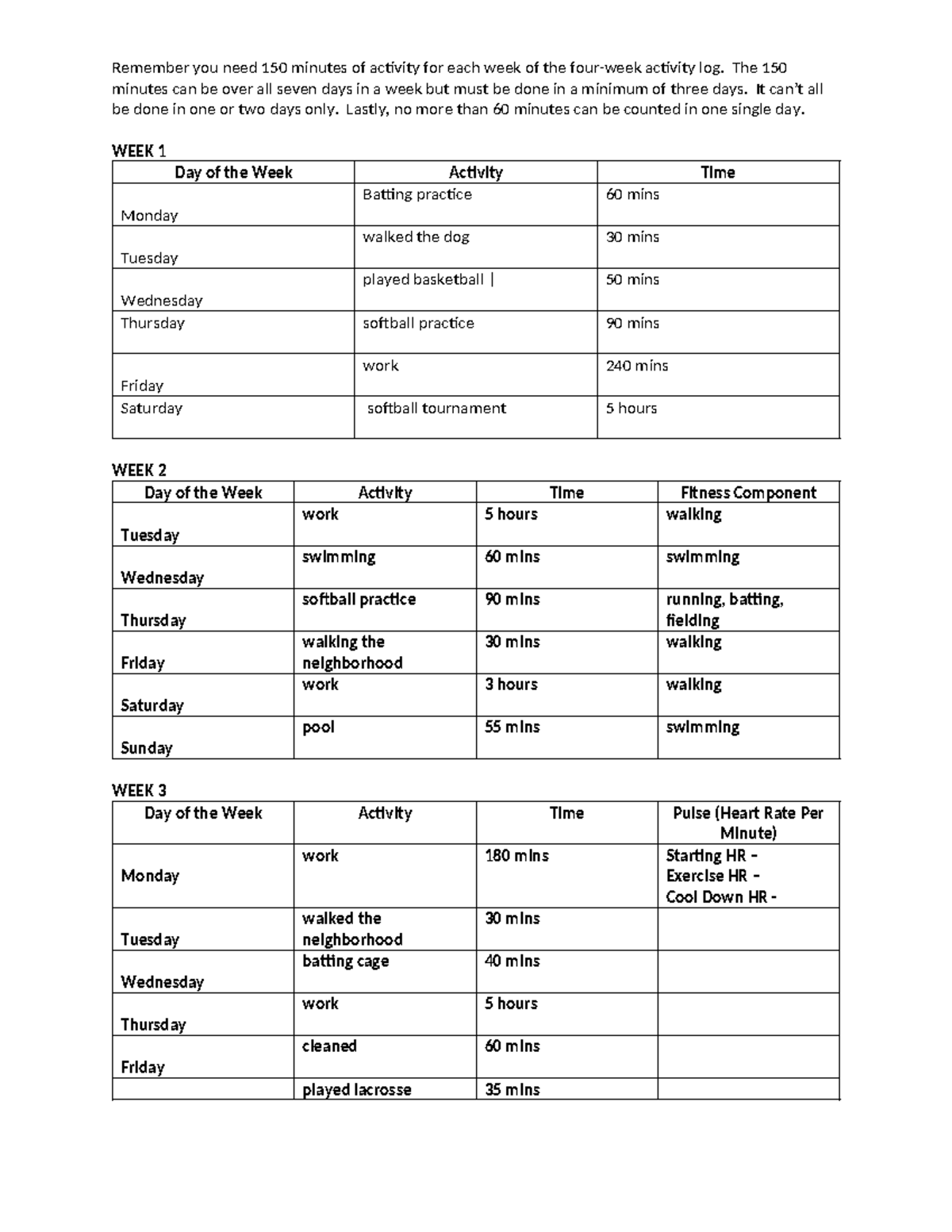 4 Week PE Activity Log 5 - Remember you need 150 minutes of activity ...