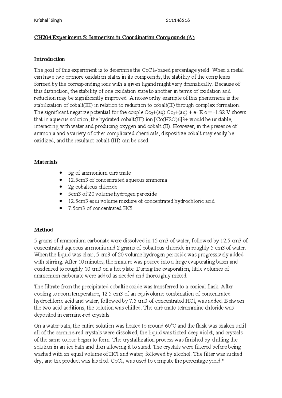 CH204 Experiment 5 Lab Data - CH204 Experiment 5: Isomerism in Coordination Compounds (A) - Studocu
