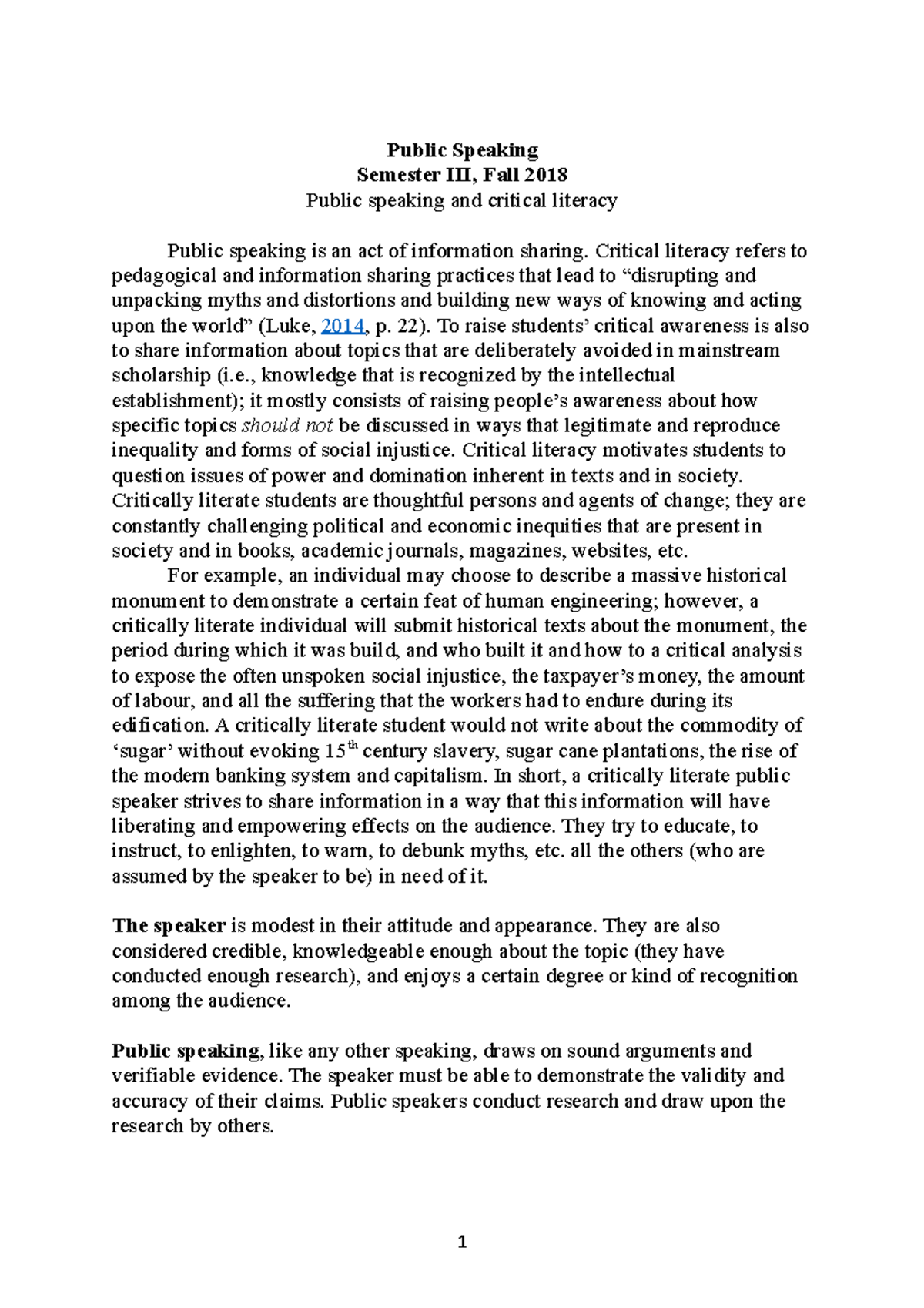 1. Public Speaking and Critical Lieteracy - Public Speaking Semester ...
