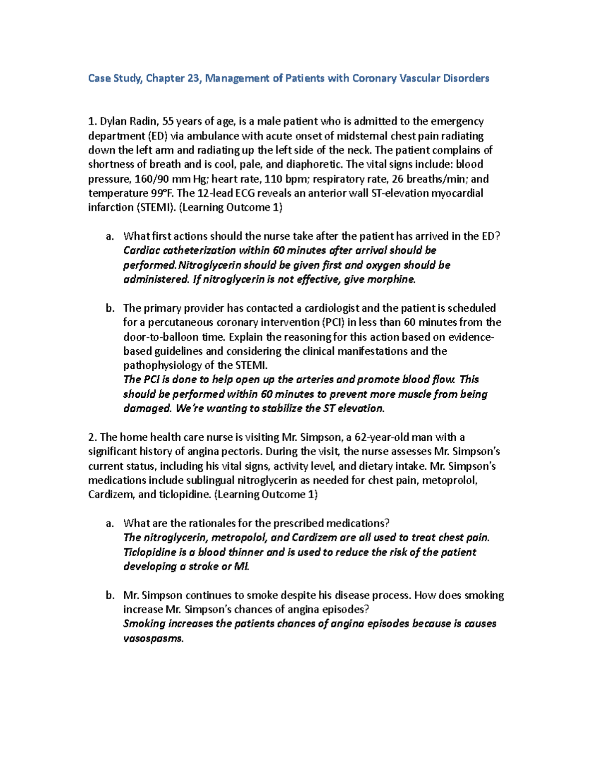 Case Study, Chapter 23, Management of Patients with Coronary Vascular ...