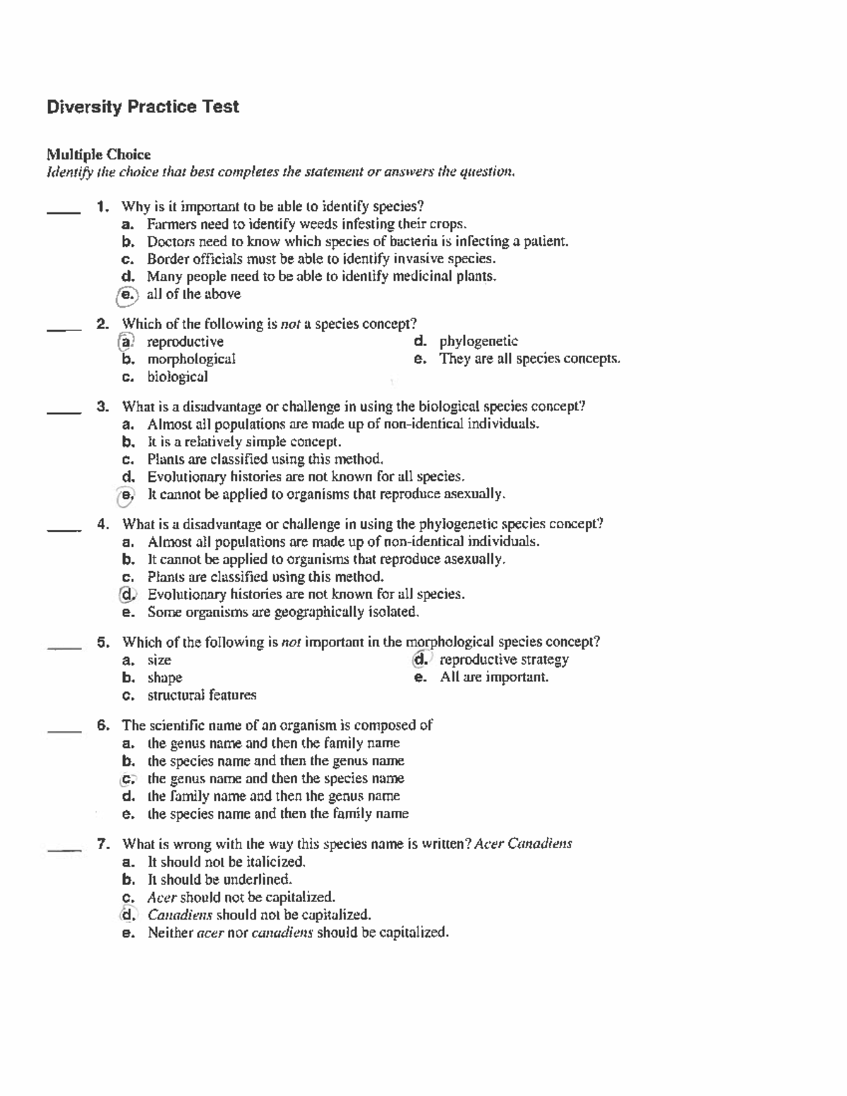 Diversity unit test answers - Bio152 - Studocu