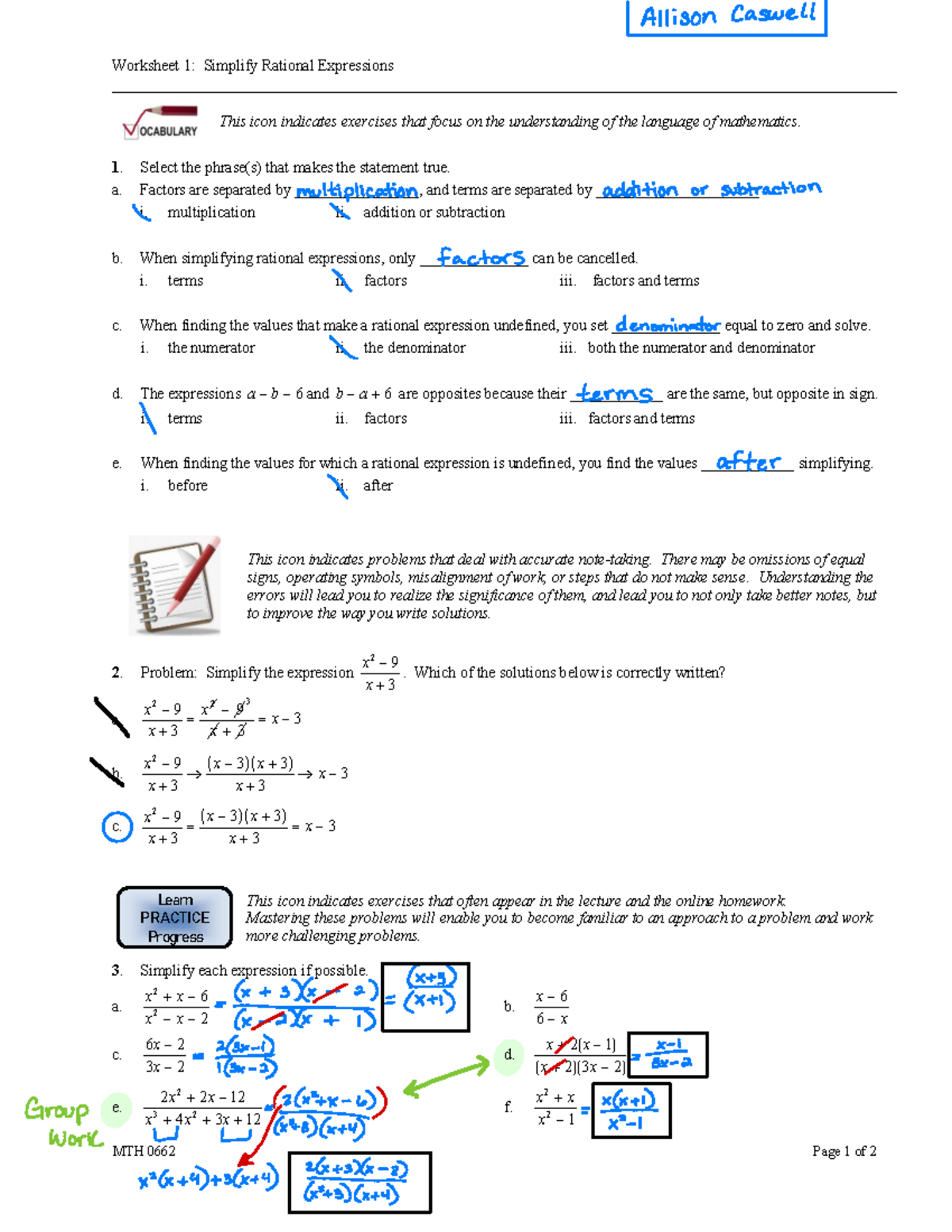 Workshop 1-Simplify Rational Expressions - MTH 0662 Page 1 of 2 ...